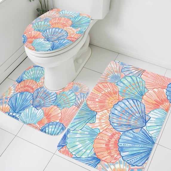 Blue Shell Bathroom Rugs Set Watercolor Pink Green Blue Shells Non Slip ...
