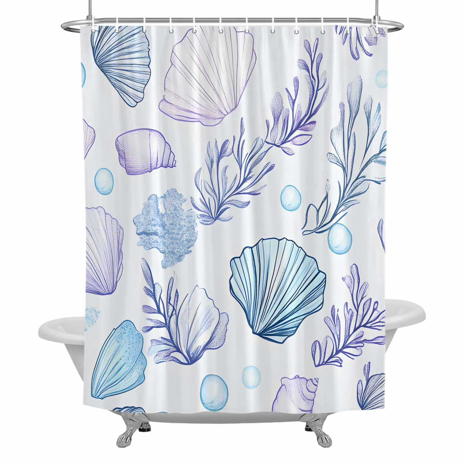 Blue Shell Bathroom Shower Curtain, Conch Purple Coral Bubble Ocean ...