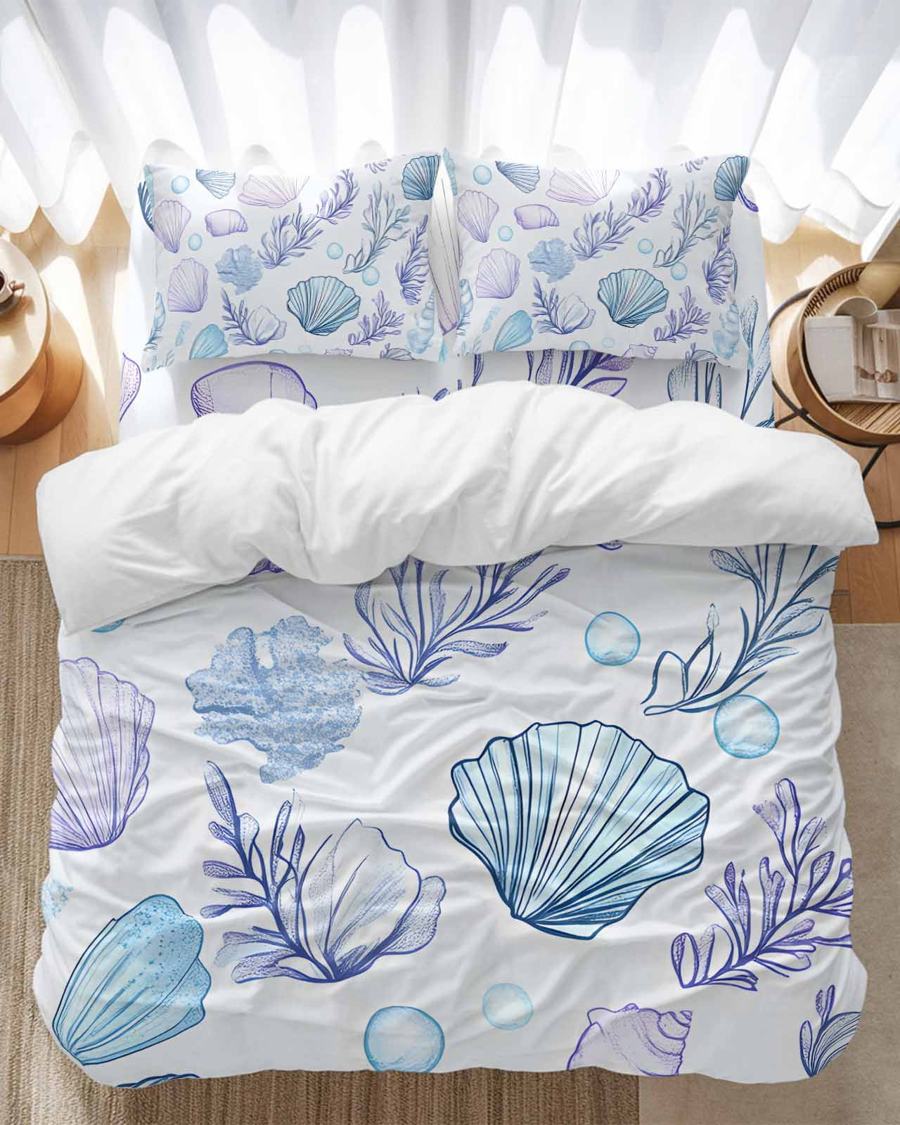 Blue Shell Bedding Duvet Cover Set Twin Size 4 Pieces Conch Purple ...