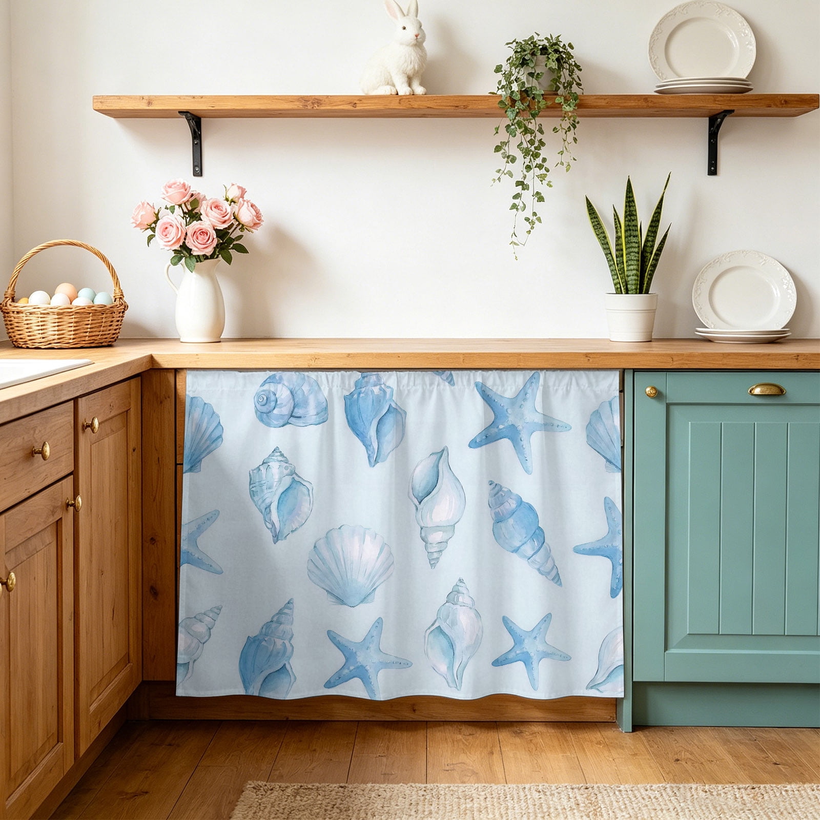 Blue Shell Cabinet Curtains 10" W x 11" L Watercolor Starfish Conch ...