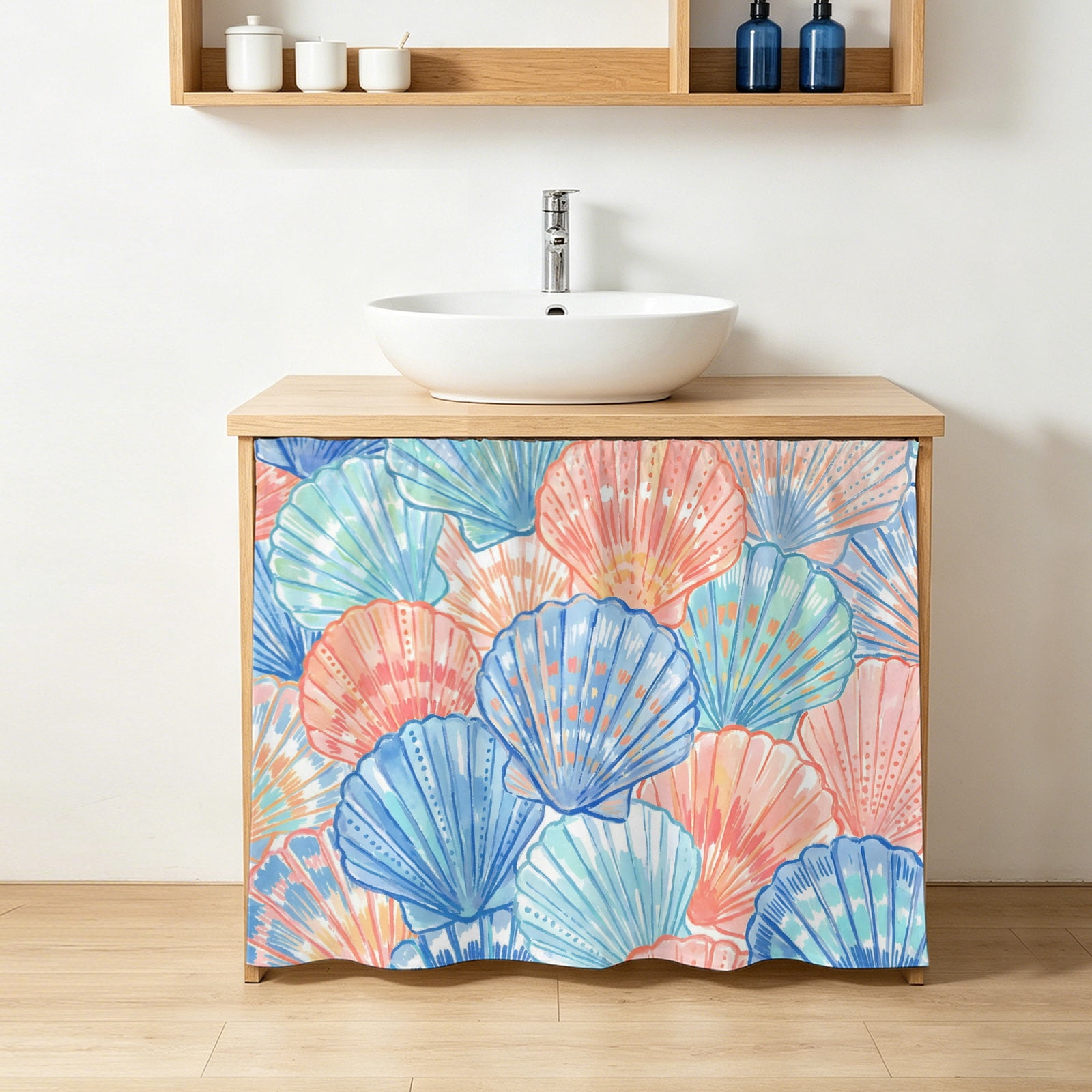 Blue Shell Cabinet Curtains 11" W x 13" L, Watercolor Pink Green Blue ...