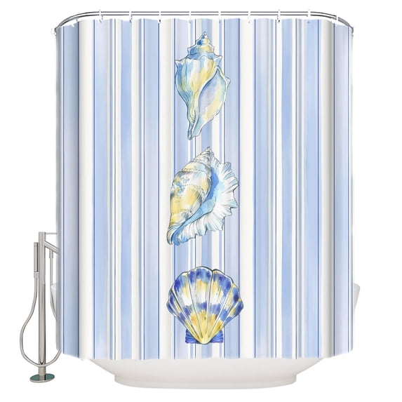 Blue Shell Coastal Bathroom Shower Curtains with 12 Hooks Polyester ...