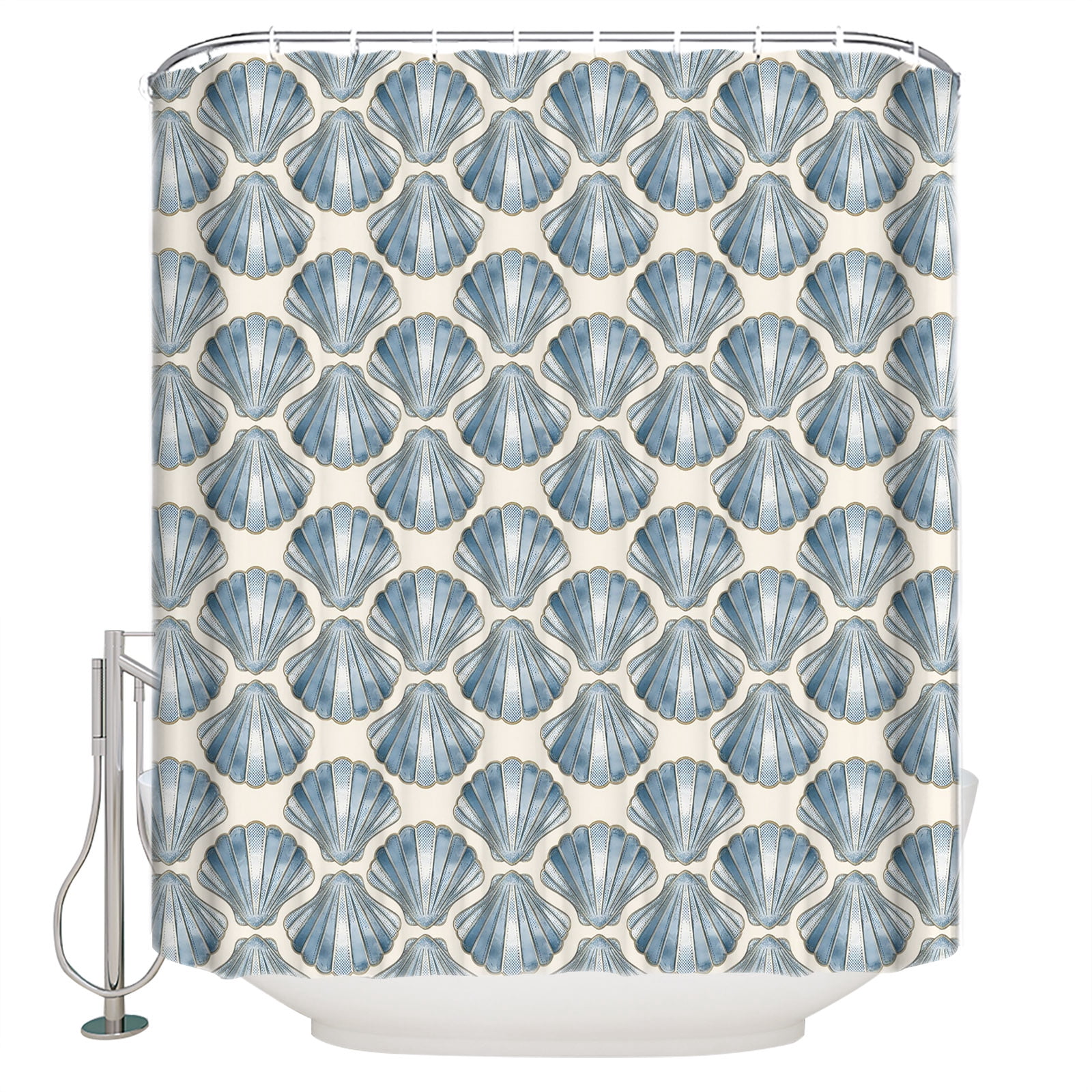 Blue Shell Coastal Bathroom Shower Curtains with 12 Hooks Waterproof ...