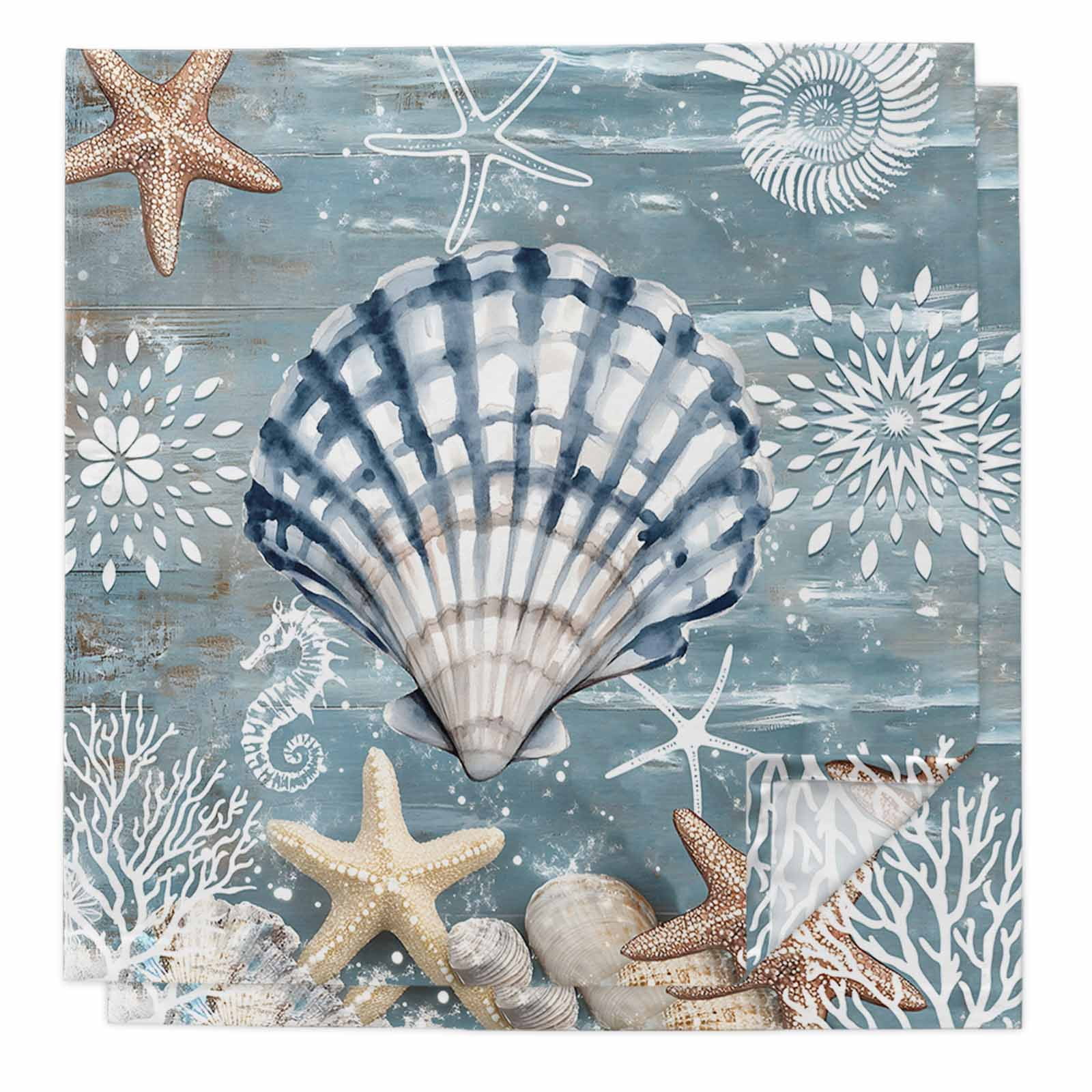 Blue Shell Coastal Cloth Napkins Washable Set of 2, Summer Beach ...