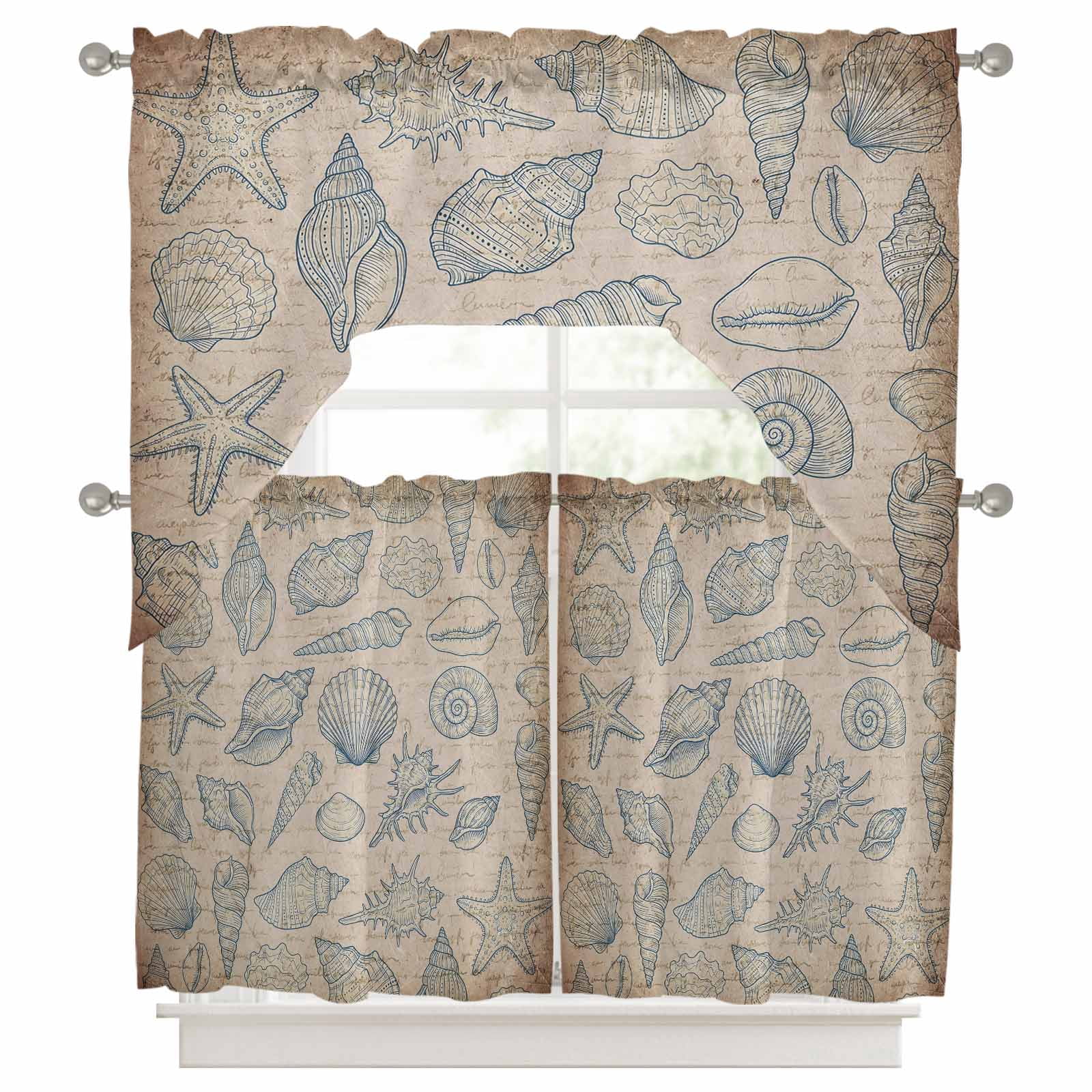 Blue Shell Coastal Kitchen Curtains Swag Valance and Tier Curtains Set ...