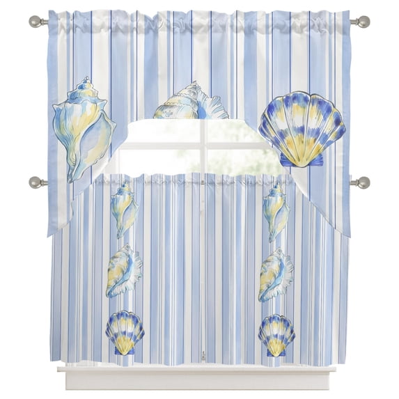 Blue Shell Coastal Kitchen Curtains Swag Valance and Tier Curtains Set ...