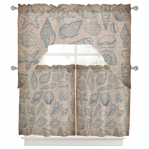Blue Shell Coastal Kitchen Curtains Swag Valance and Tier Curtains Set ...