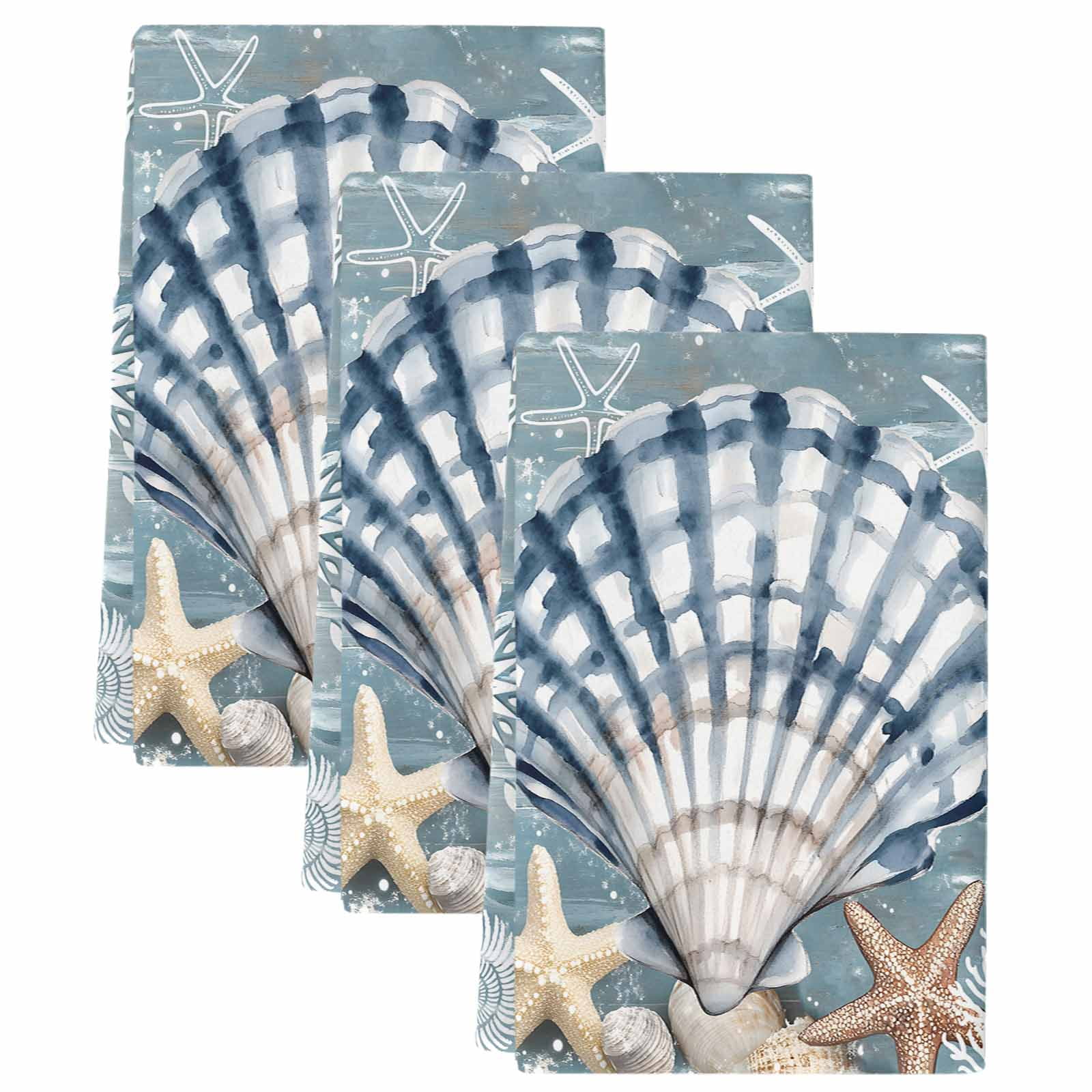 Blue Shell Coastal Kitchen Towels Set of 3, Absorbent Microfiber Dish ...