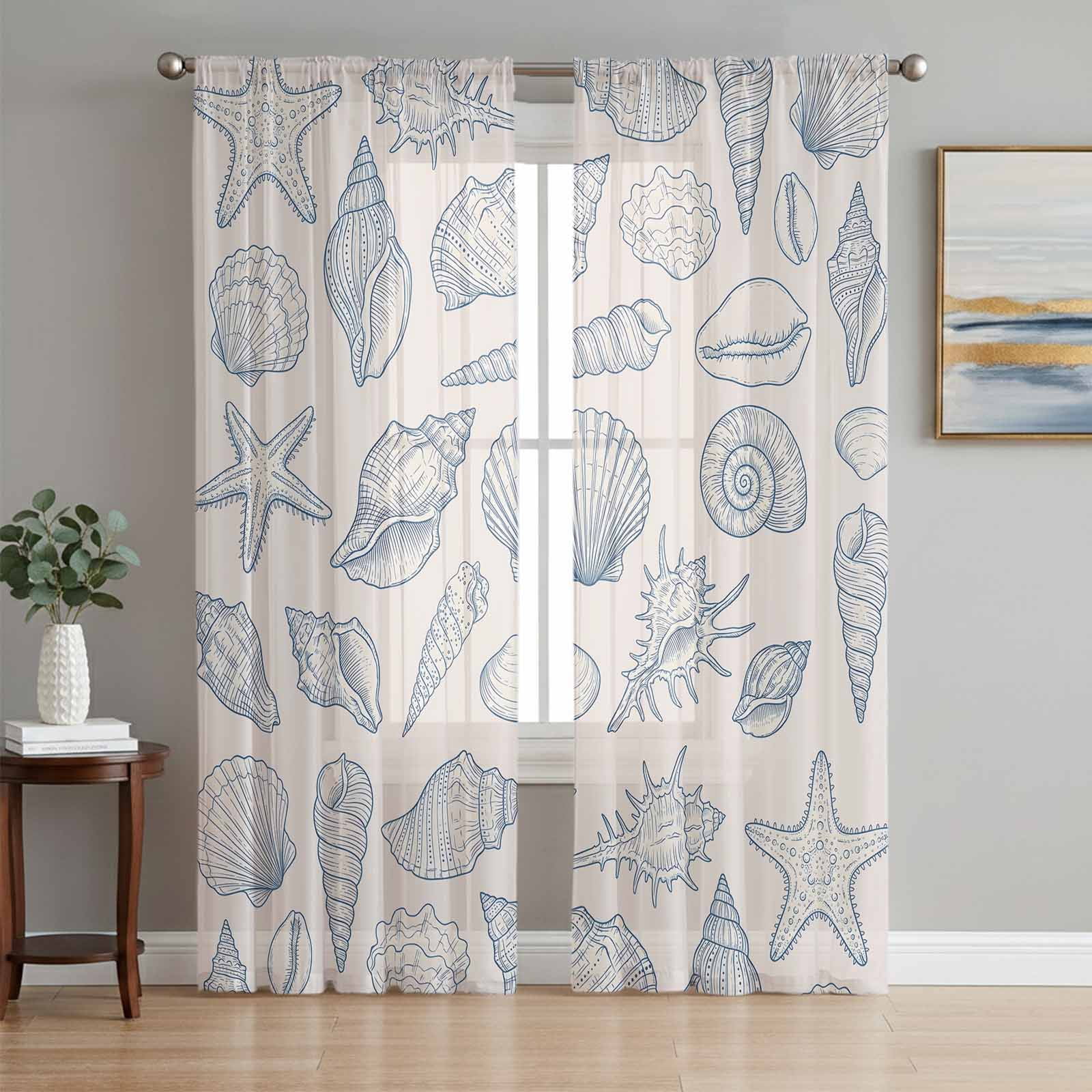 Blue Shell Coastal Sheer Curtains 63 Inch Length 2 Panels Set, Nautical ...