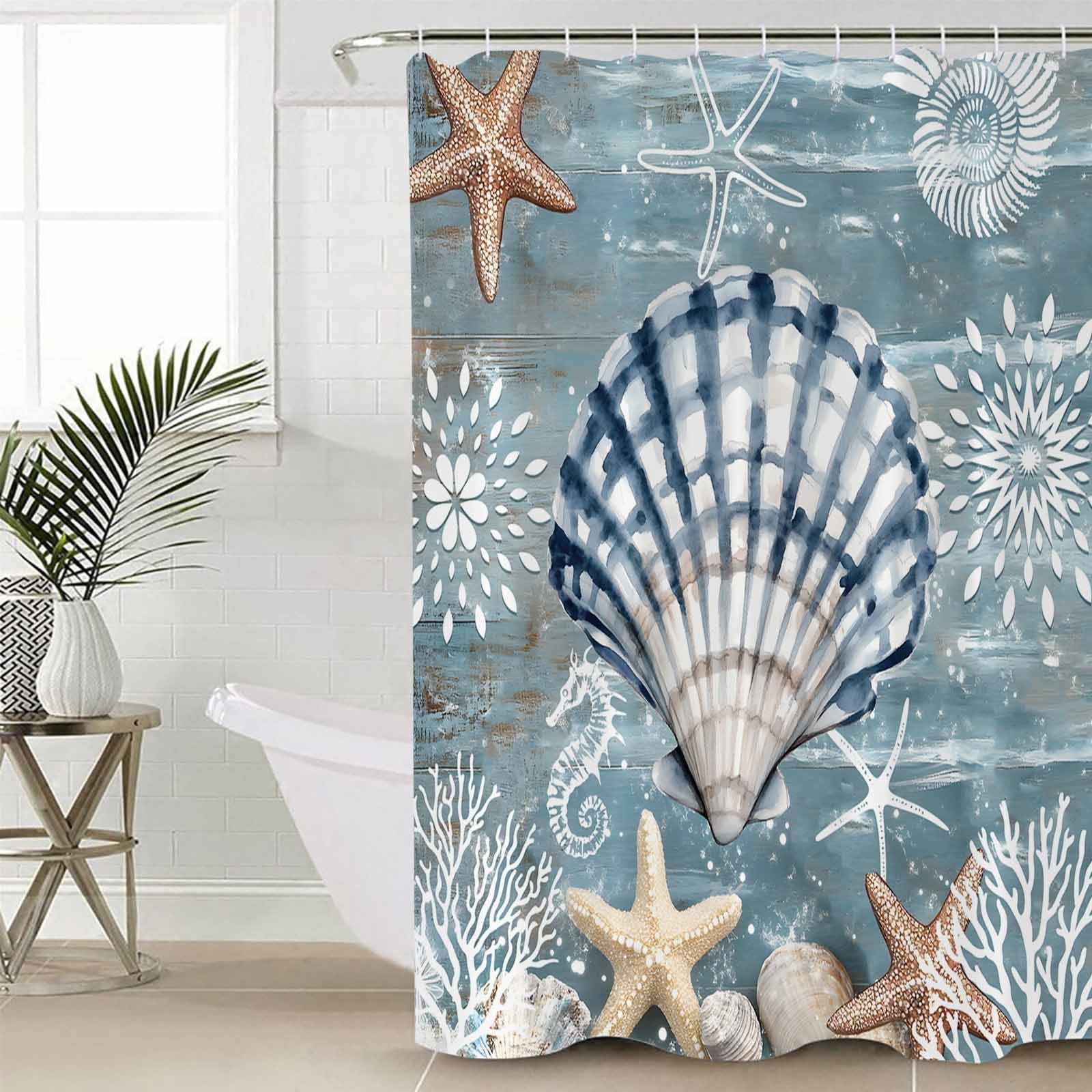 Blue Shell Coastal Waterproof Fabric Shower Curtain, Summer Beach ...