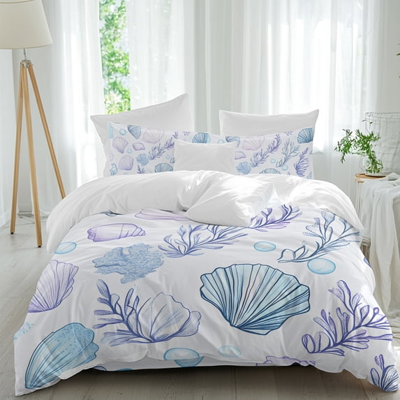 Blue Shell Comforter Set Queen Size, Conch Purple Coral Bubble Ocean ...
