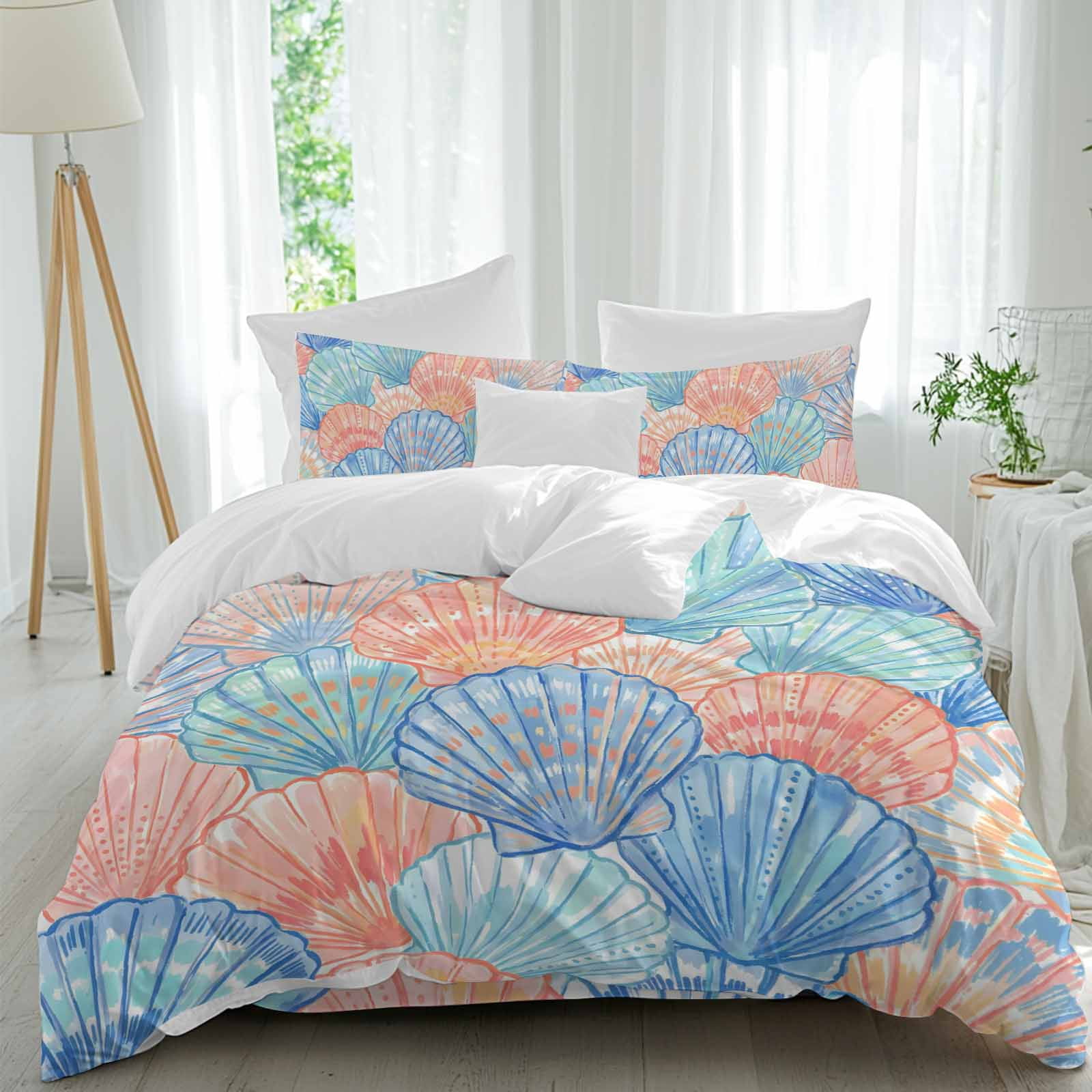 Blue Shell Comforter Set Twin Size, Watercolor Pink Green Blue Shells ...