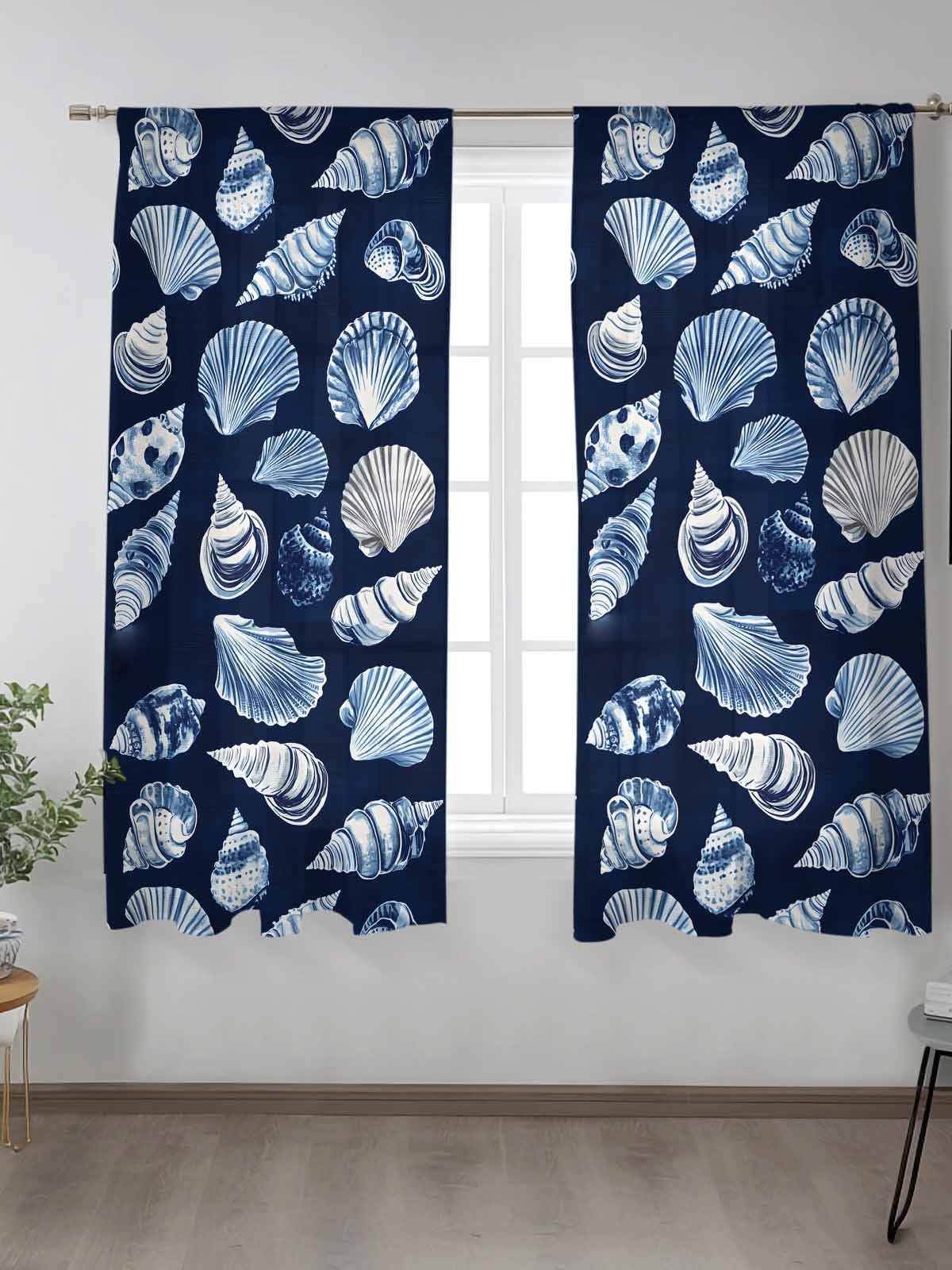 Blue Shell Conch Summer Ocean Chiffon Sheer Curtains 72 Inches Long ...