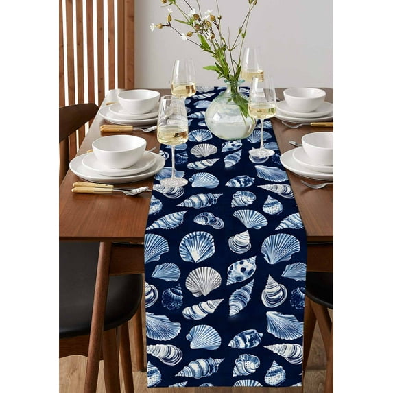 Blue Shell Conch Summer Ocean Table Runner 13x72in Non-Slip Cotton ...