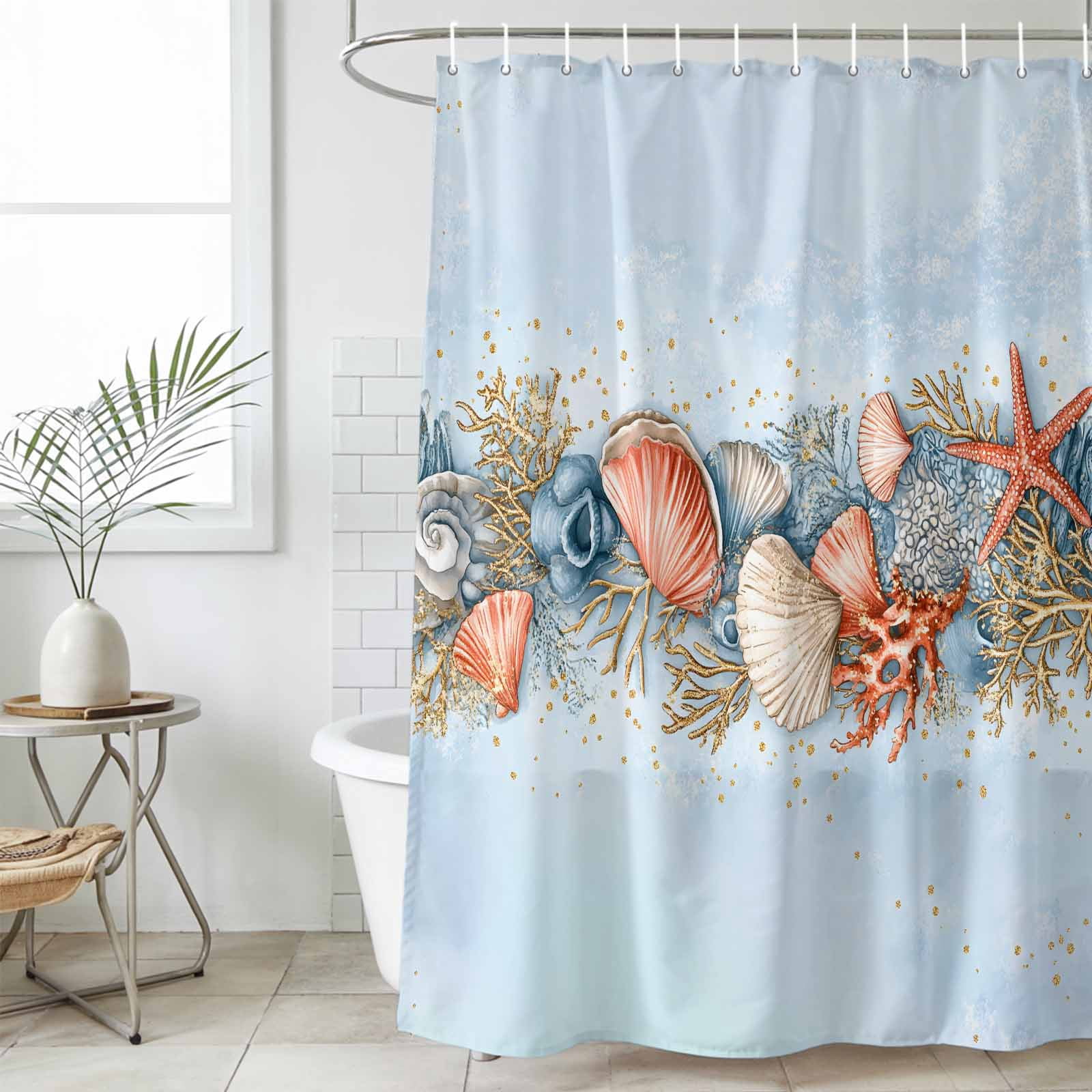 Blue Shell Coral Shower Curtain Set, Waterproof Shower Curtains for ...