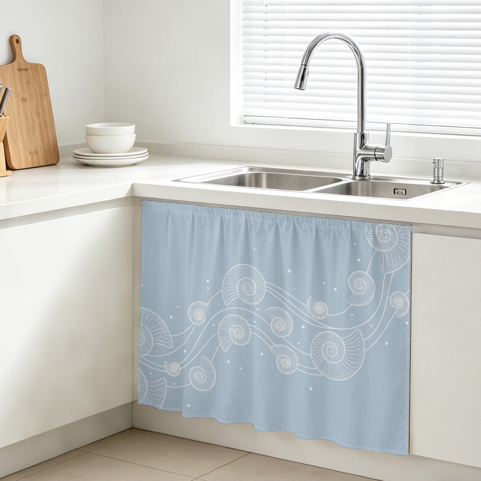 Blue Shell Fluid Waves Cabinet Curtains for Kitchen 10"W x 11"L, Dreamy ...