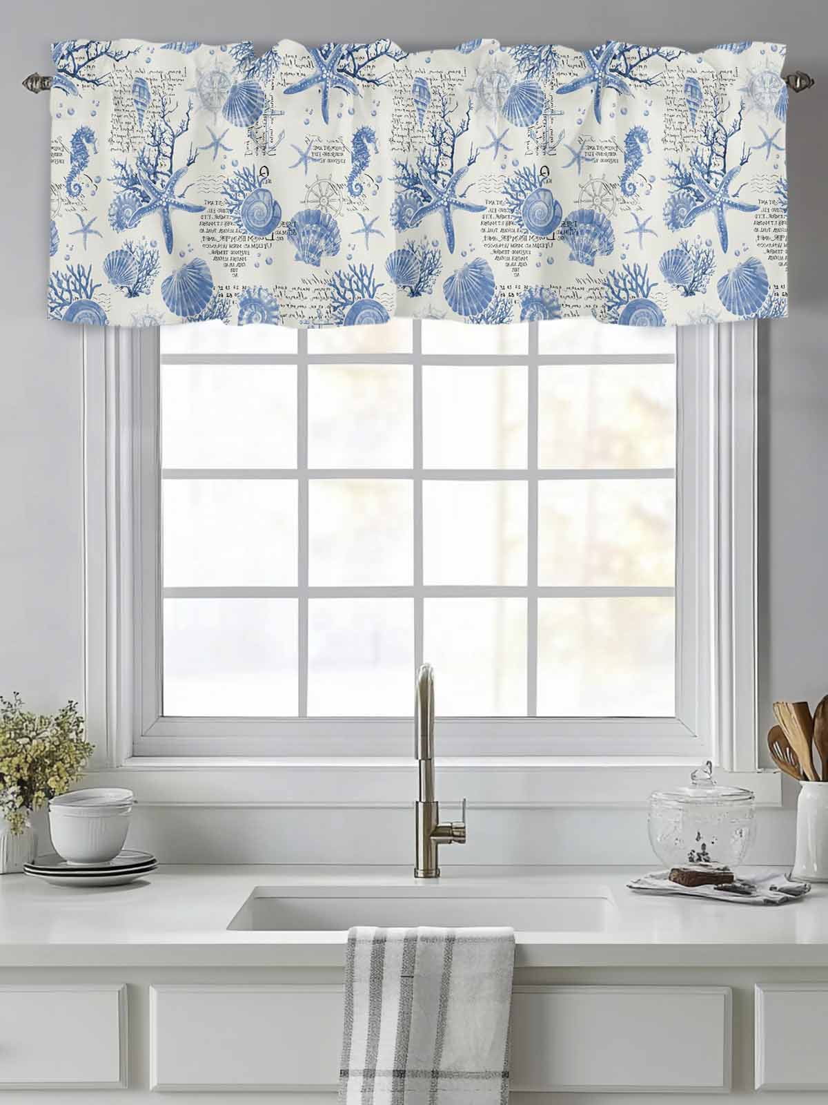 Blue Shell Ocean Starfish Seahorse Coral Valances for Windows,Kitchen ...