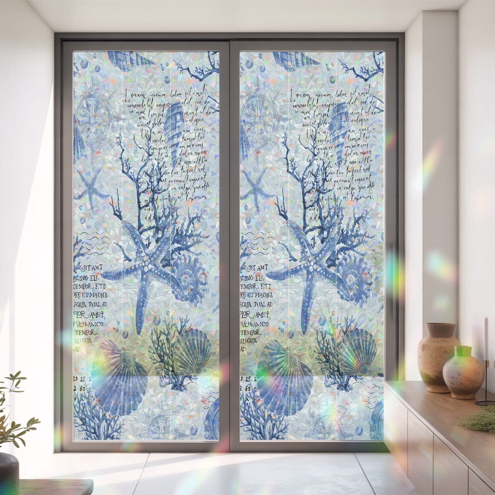 Blue Shell Ocean Starfish Seahorse Coral Window Privacy Film, Rainbow ...