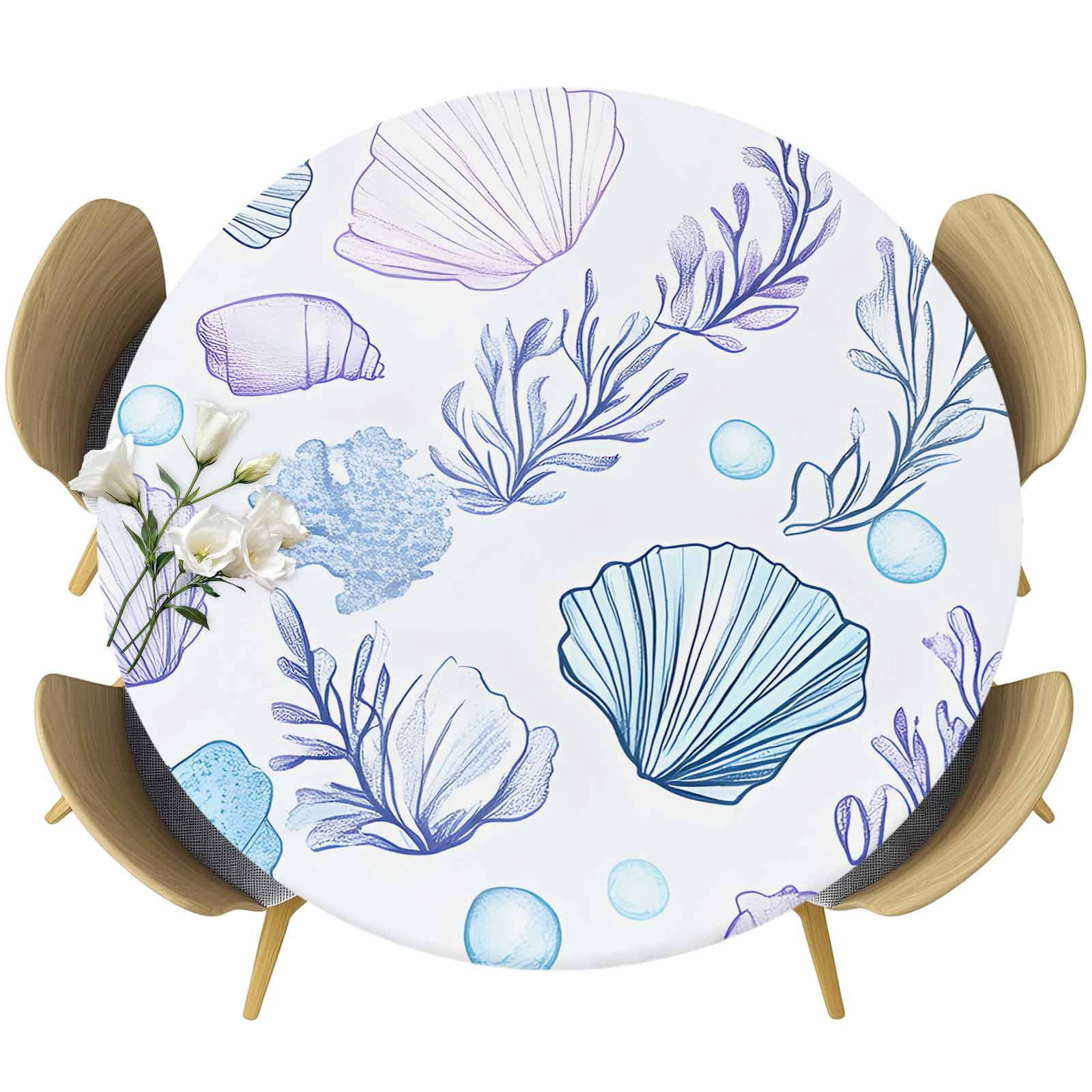 Blue Shell Round Fitted Table Cover Conch Purple Coral Bubble Ocean ...