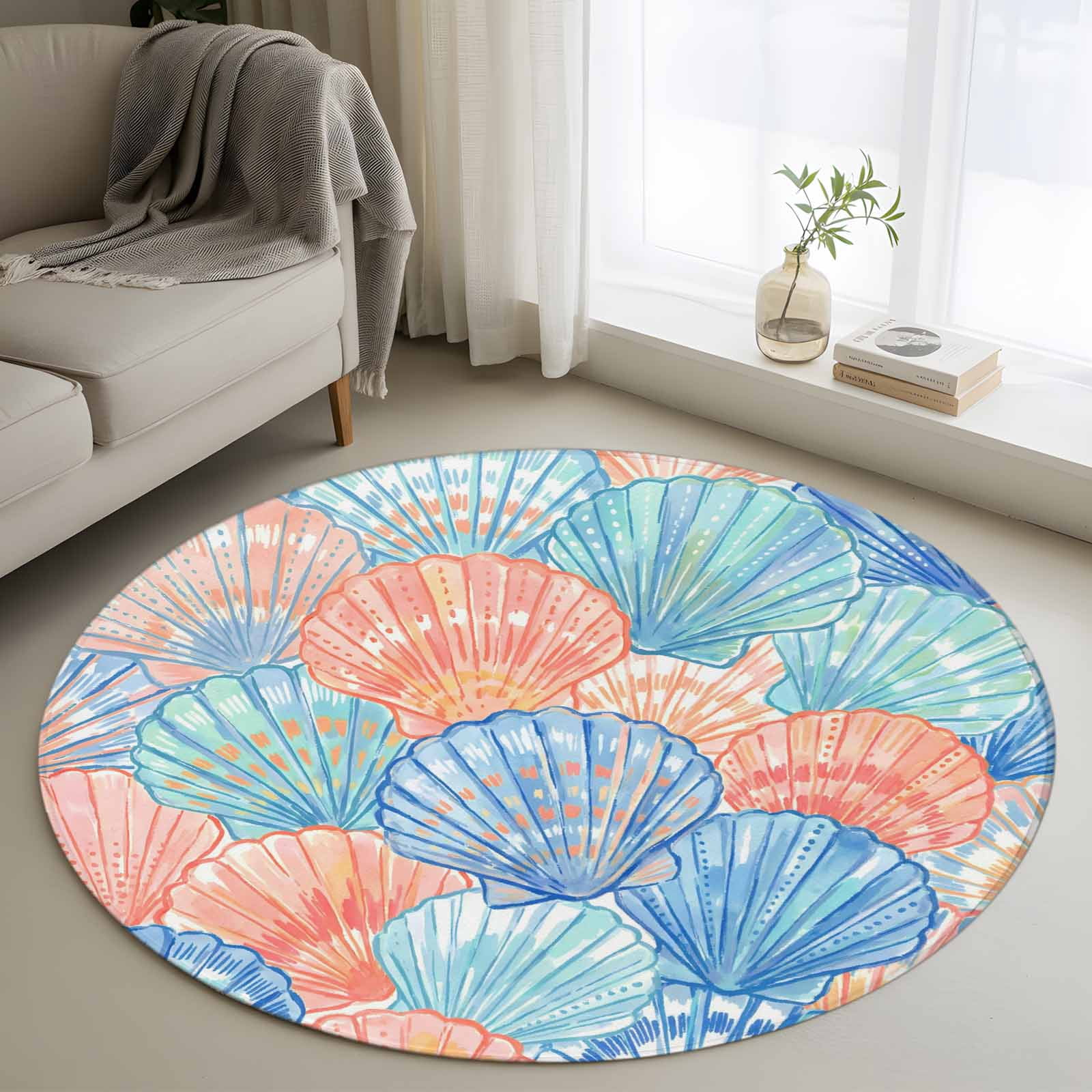 Blue Shell Round Rugs for Living Room 3ft Watercolor Pink Green Blue ...
