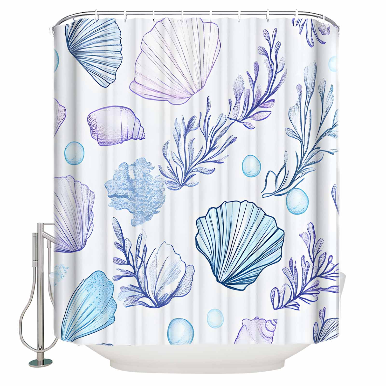 Blue Shell Shower Curtain, 48" x 72", Conch Purple Coral Bubble Ocean ...