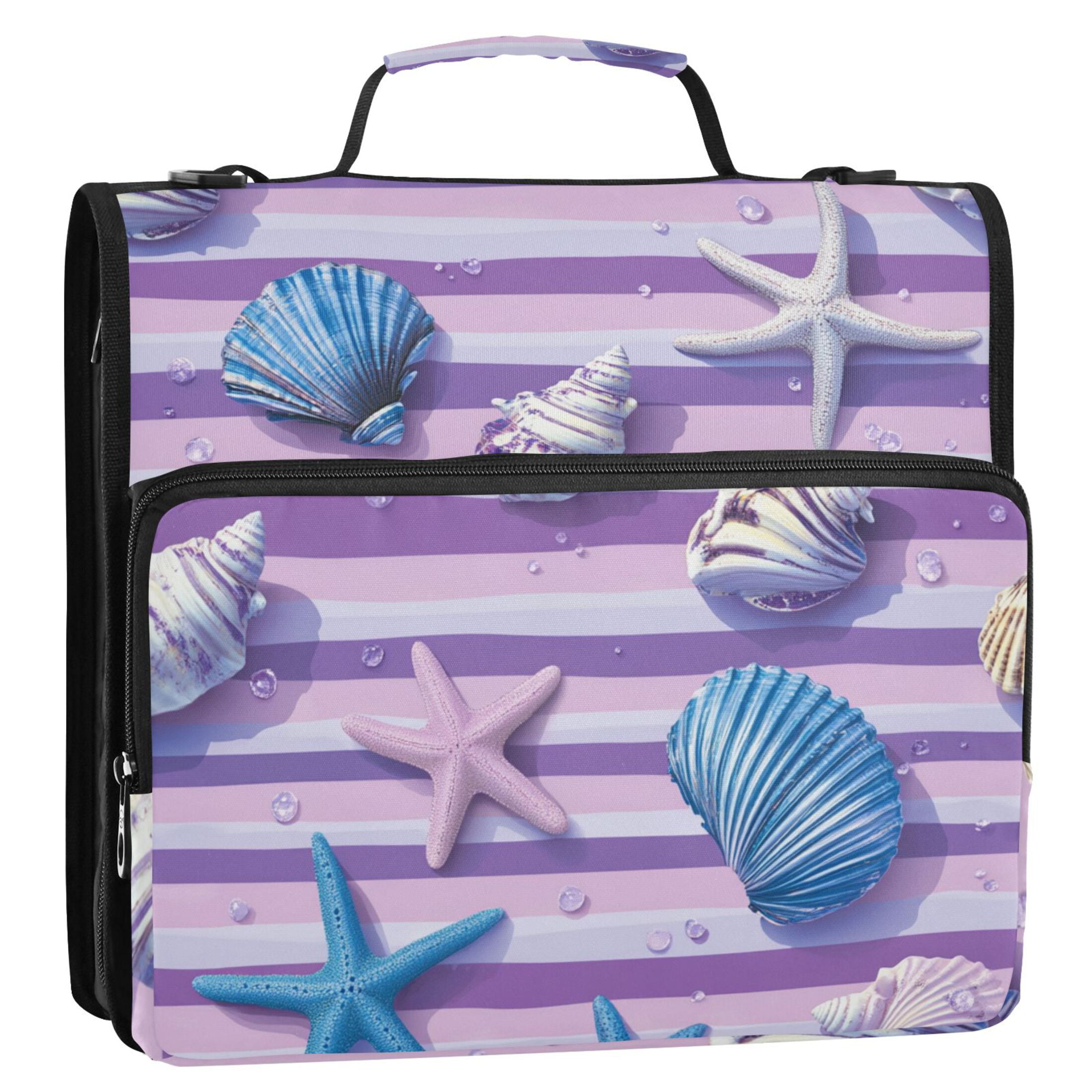 Blue Shells Starfishes on Purple Stripes Binder Bag with Shoulder Strap ...