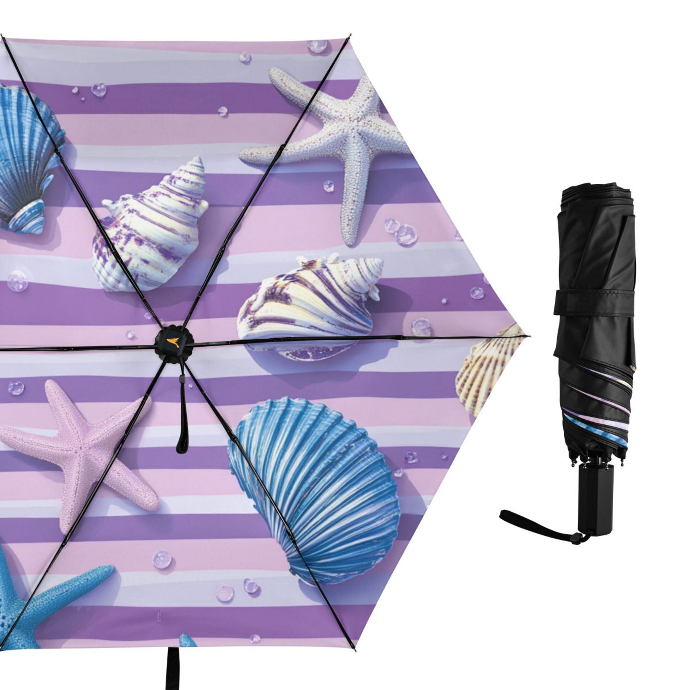 Blue Shells Starfishes on Purple Stripes Triple Folding Umbrella ...