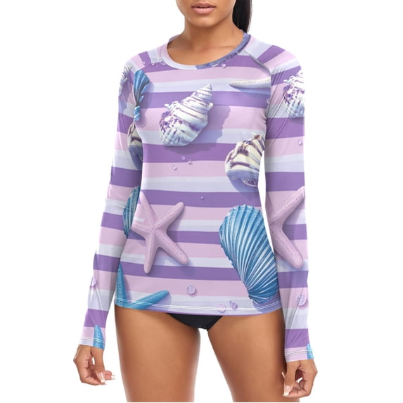 Blue Shells Starfishes on Purple Stripes Women's Rash Guard Shirts UPF ...