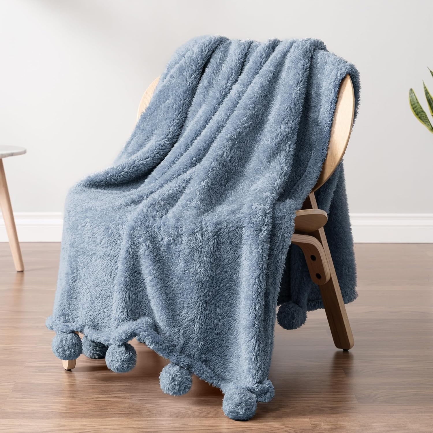 Blue Sherpa Throw Blanket for Couch, Warm Plush Pom Pom Blanket Throw ...