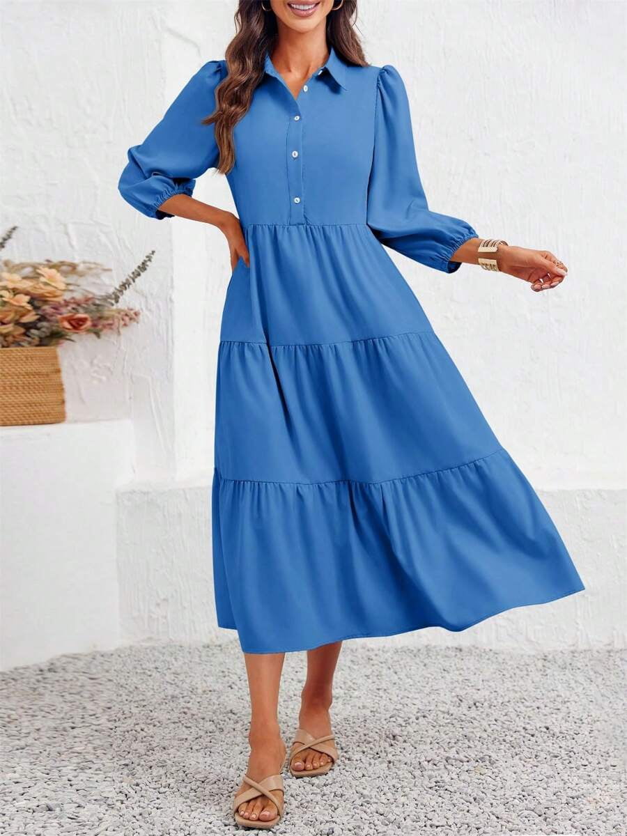 Blue Shirt Dress With Collar, Button Front, 3/4 Puffed Sleeves And ...