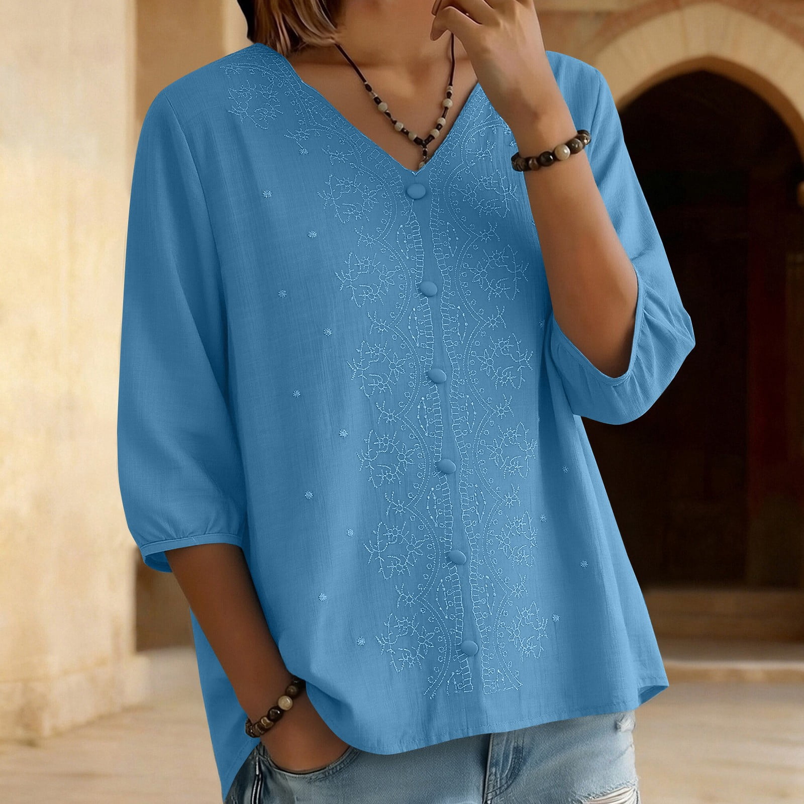 Blue Shirts for Women's 3/4 Sleeve Cotton and Linen V Neck Embroidered ...