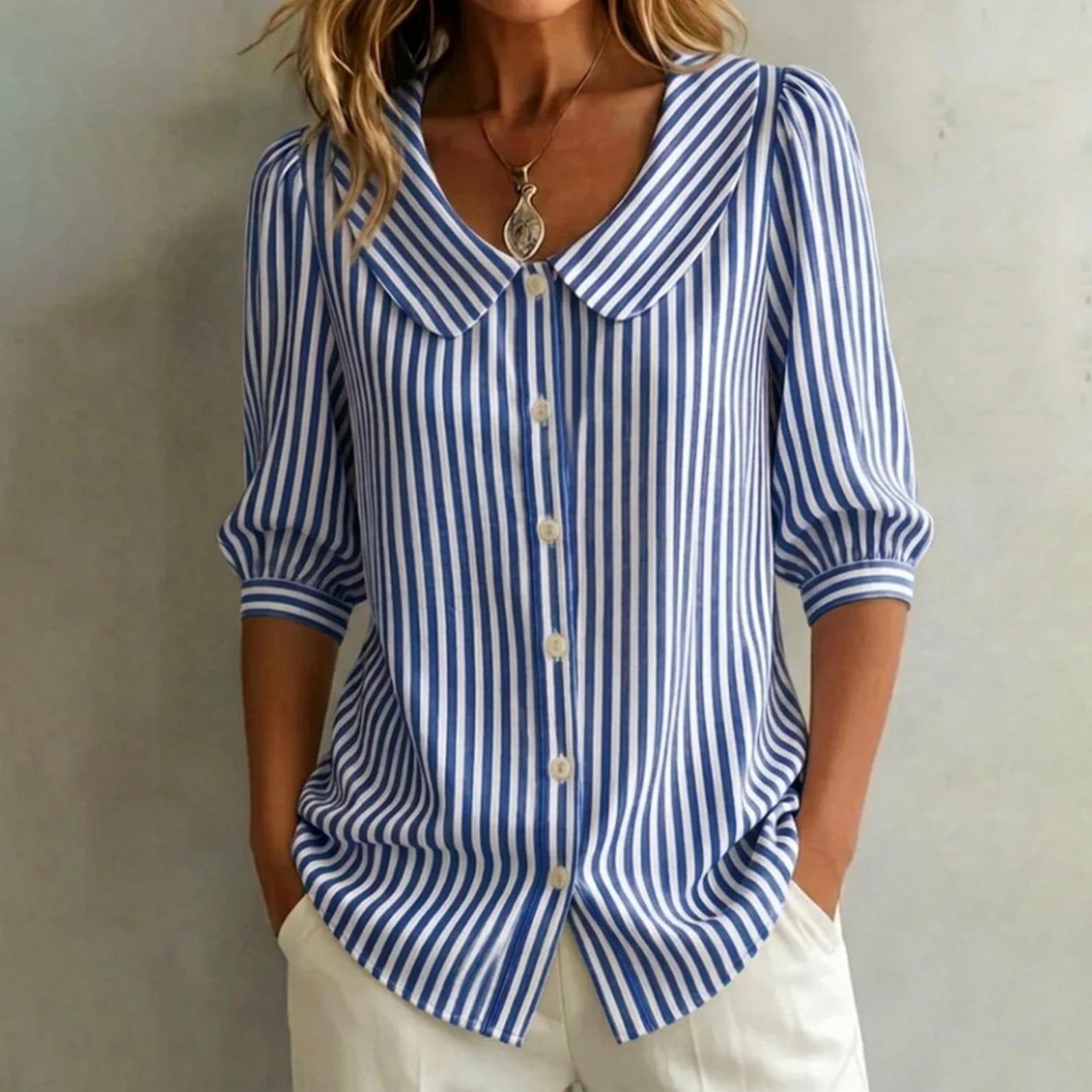 Blue Shirts for Women's Doll Collar Striped Mid Sleeve T Shirt ...