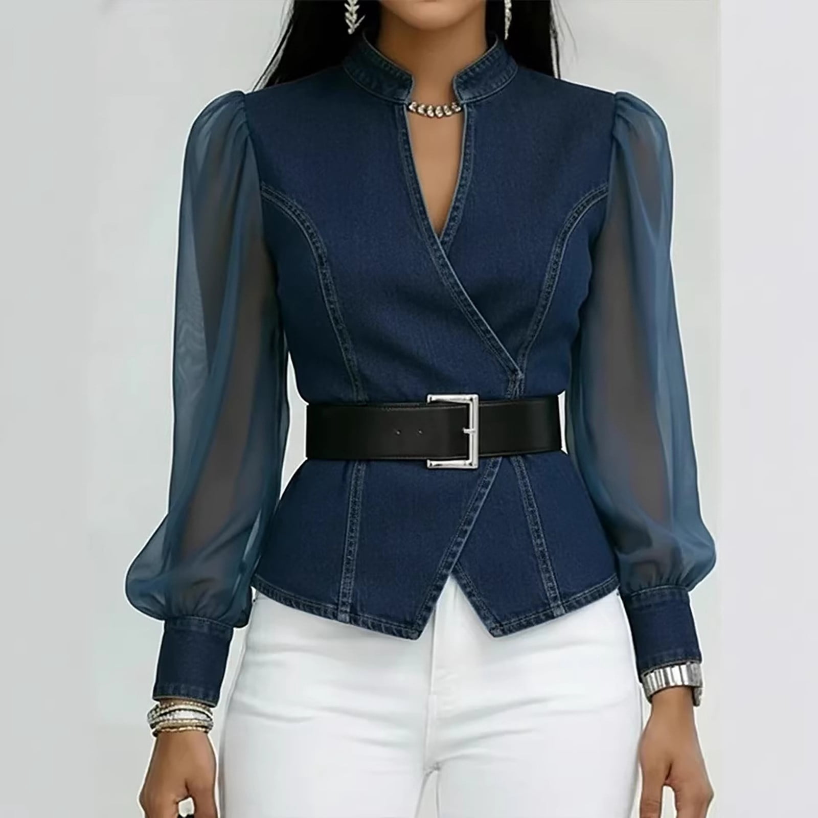 Blue Shirts for Women's Elegant Slim Fit Shirt Solid Casual Tops with ...