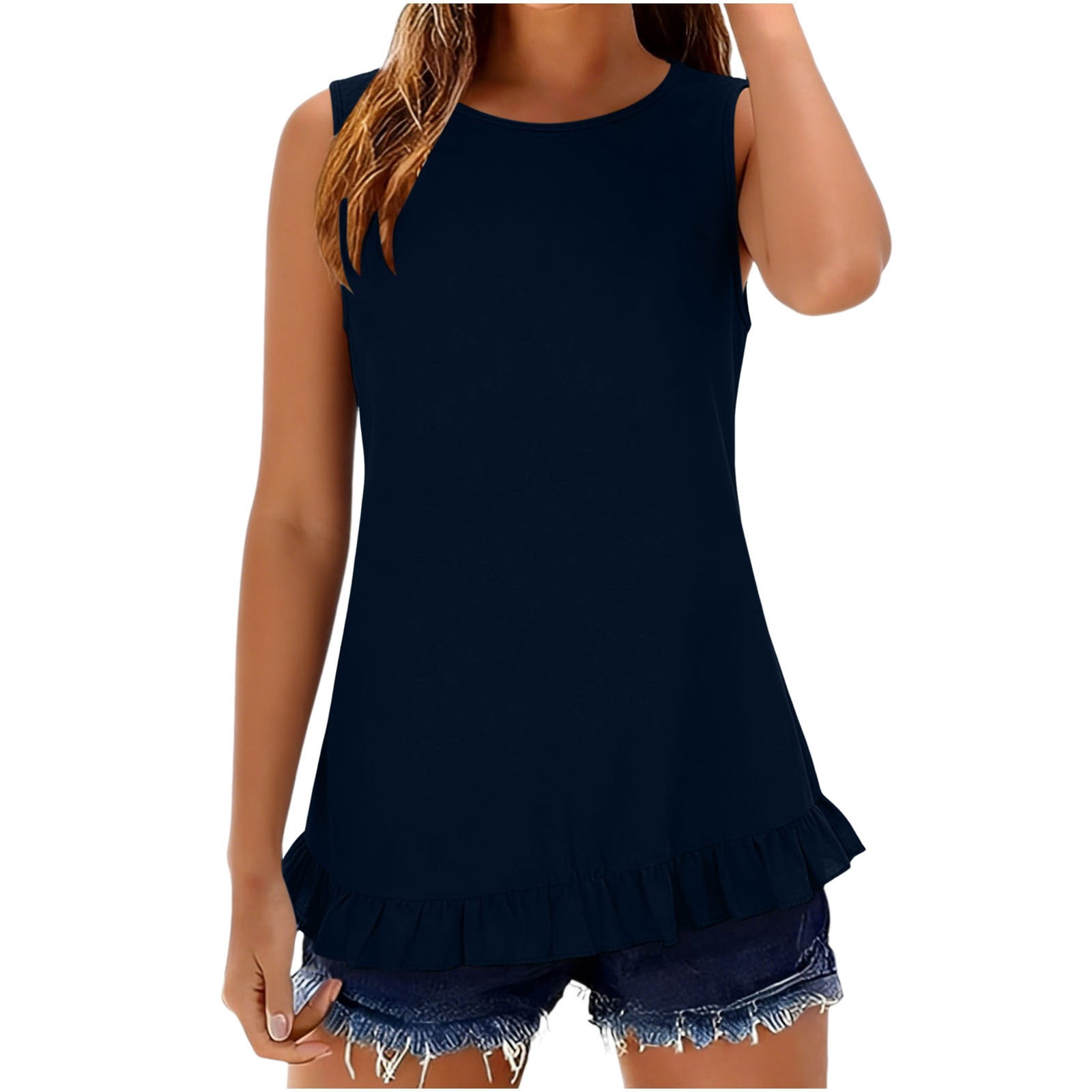 Blue Shirts for Women's Summer Sleeveless Peplum Tops Casual Neck Loose ...