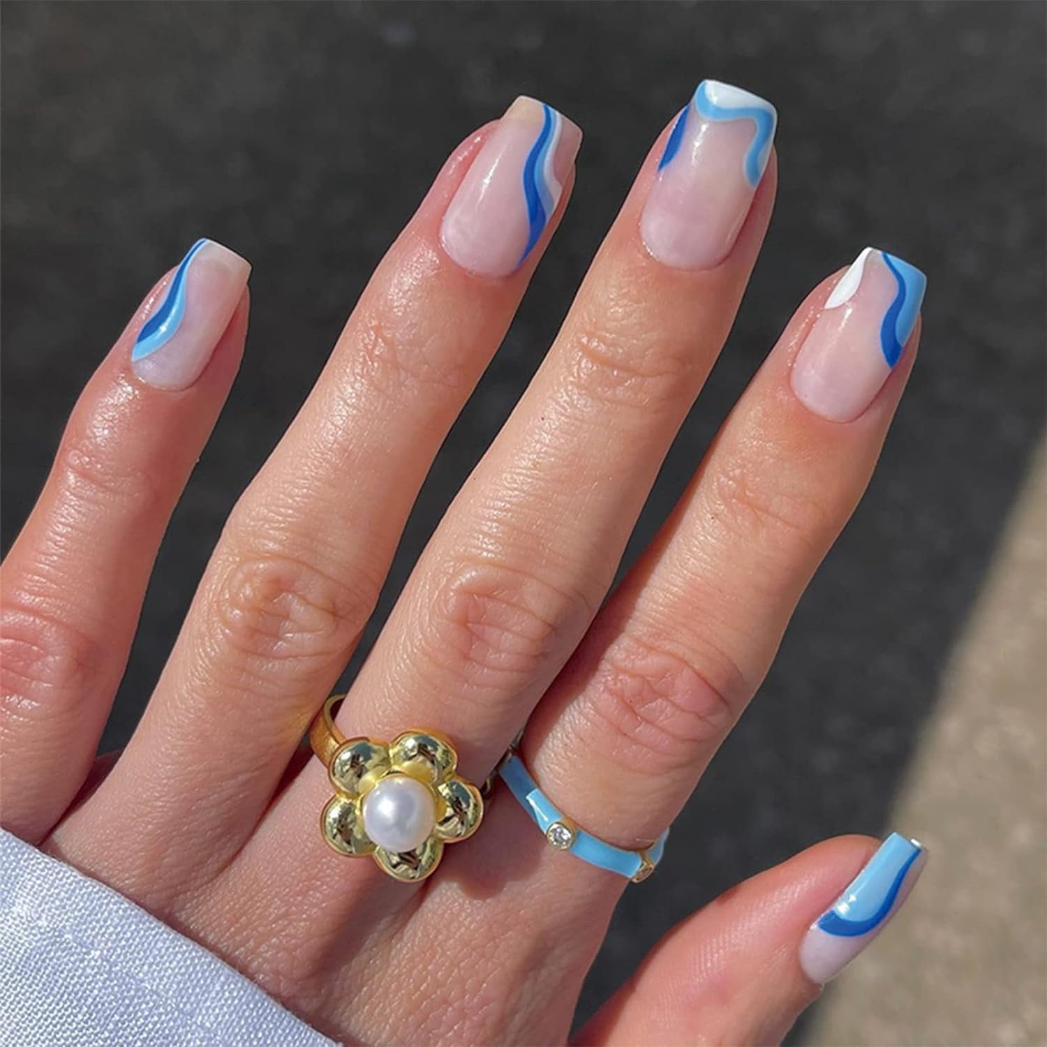 Blue Short Press on Nails French Fake Nails Swirl Acrylic Glue on Nails ...