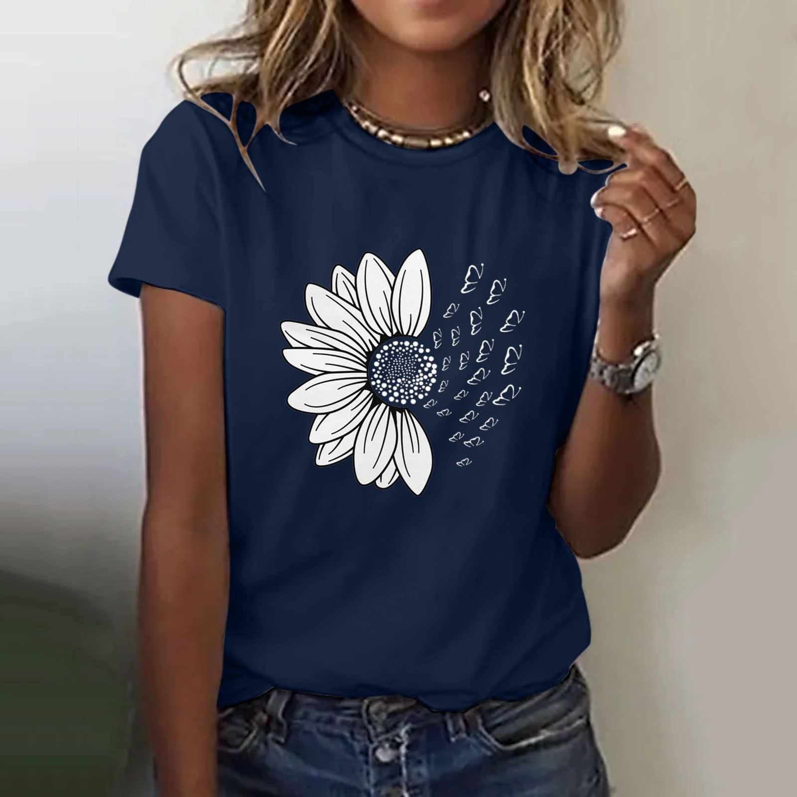 Blue Short Sleeve Shirts for Women Sunflower Summer T Shirt Plus Size ...