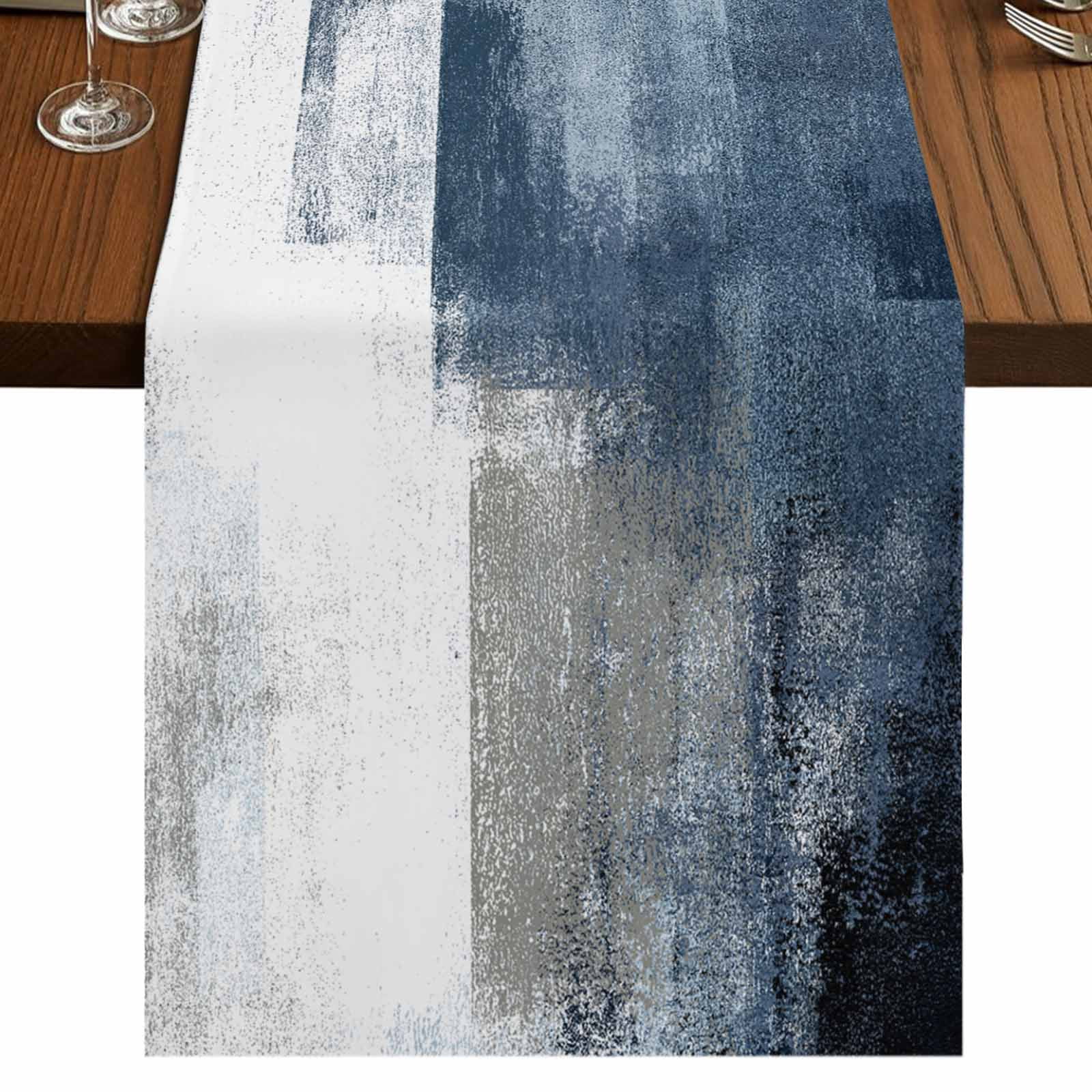 Blue Short Table Runner 60 Inches Long, Retro Oil Painted Modern ...