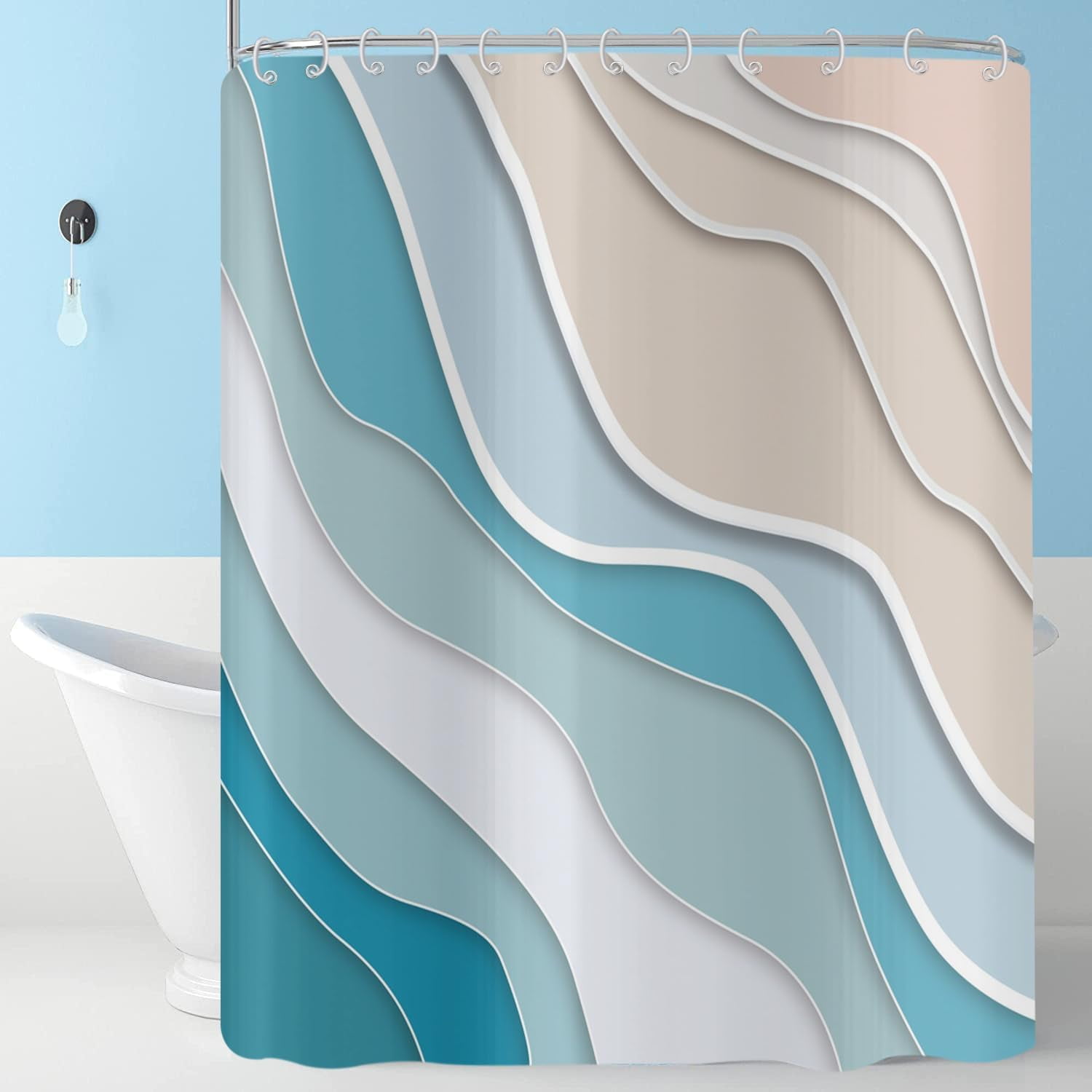 Blue Shower Curtain, Light Blue White Brown Ombre Aqua Beach Waves ...