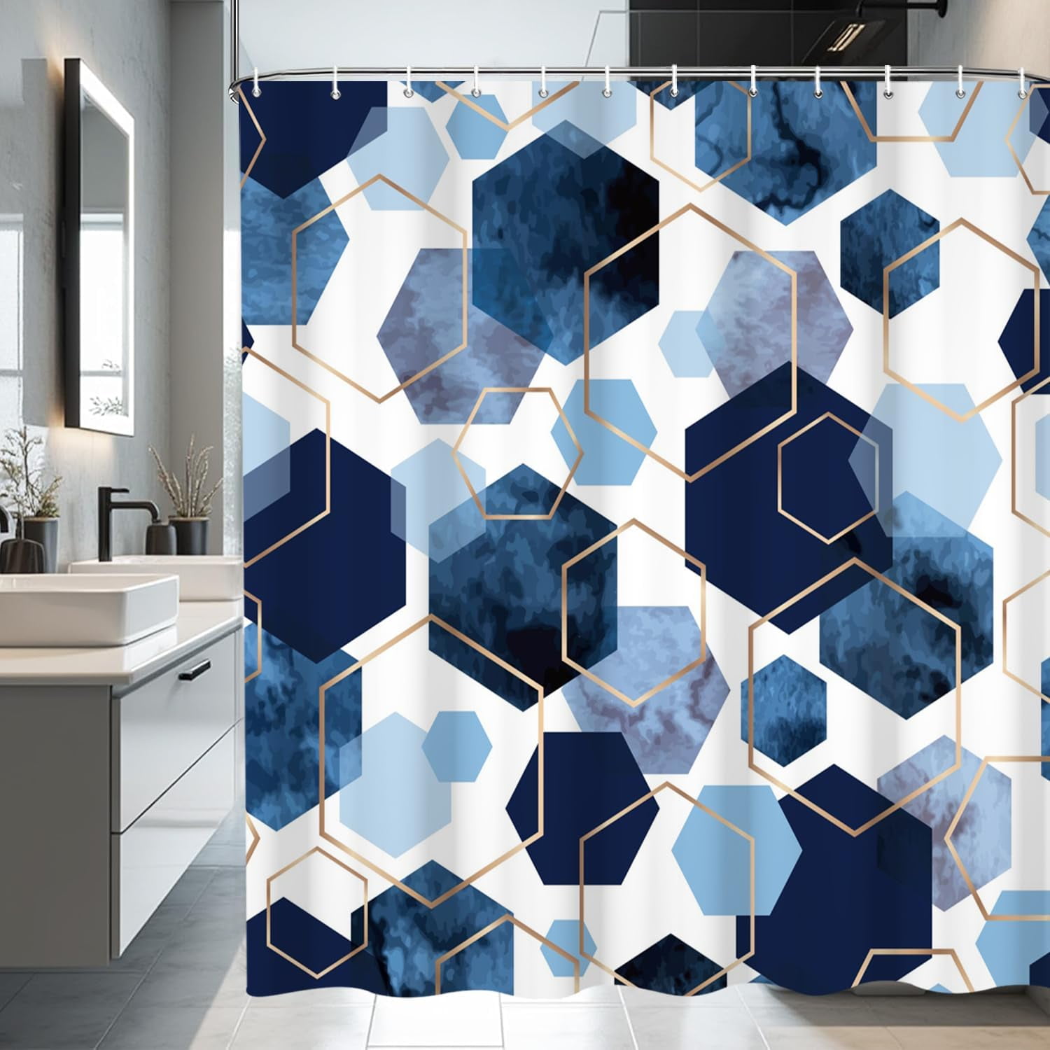 Blue Shower Curtain Navy Blue Modern Abstract Geometric Grid Bathroom ...