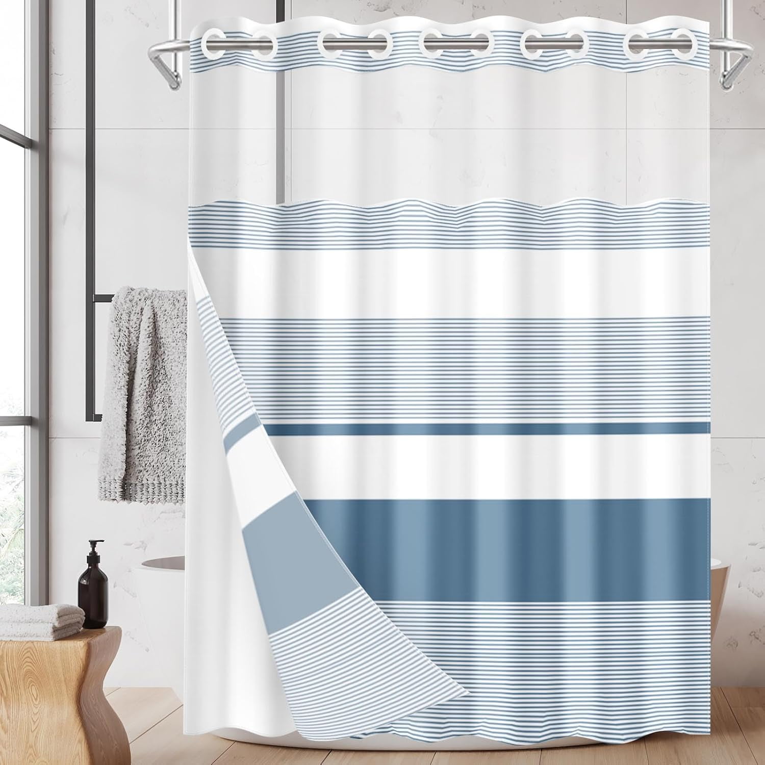 Blue Shower Curtain with Snap-in Fabric Liner Set, Boho Striped Modern Double Layers Waterproof ...