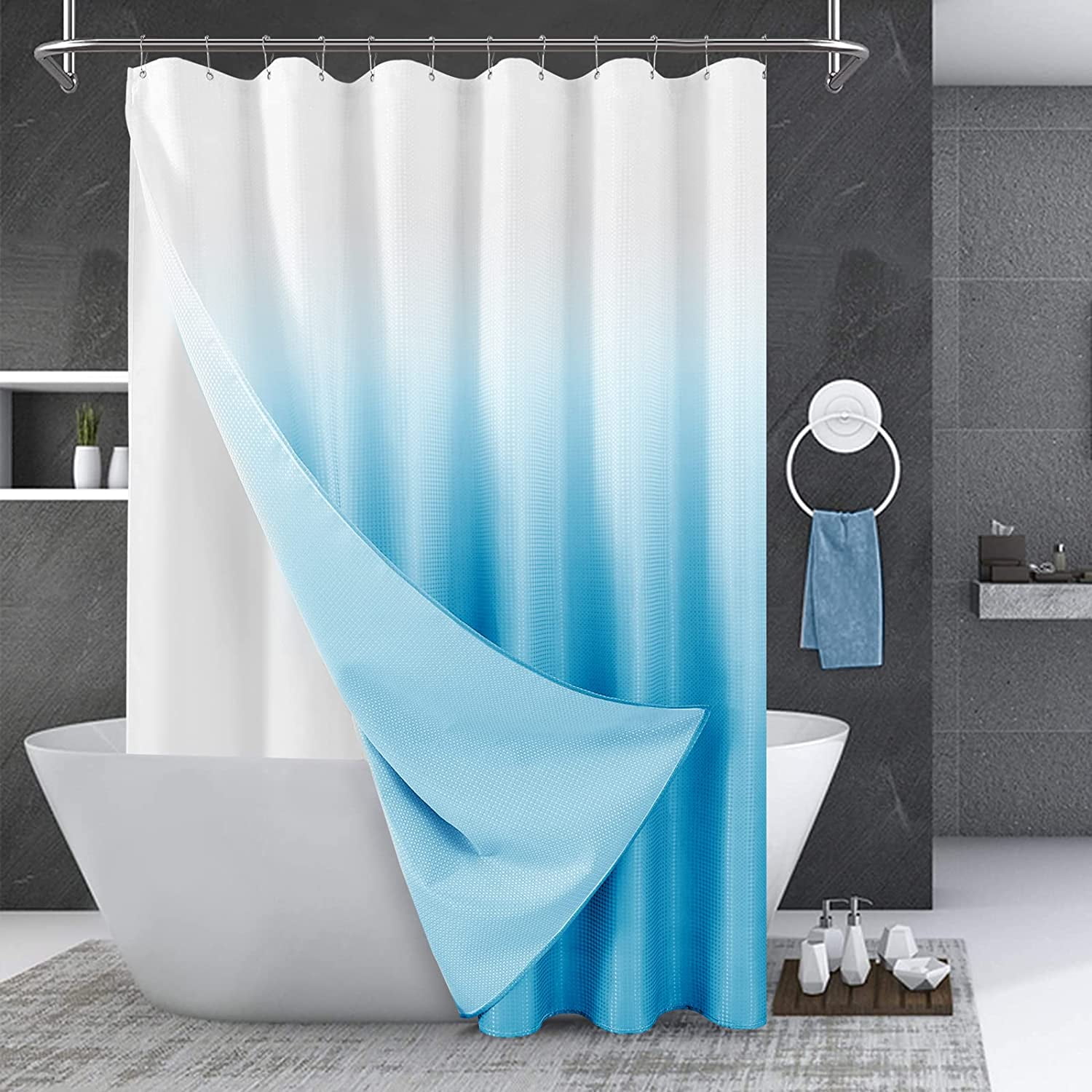 Blue Shower Curtain with Snap-in Liner Ombre Shower Curtain Set Waffle Weave Fabric Waterproof ...