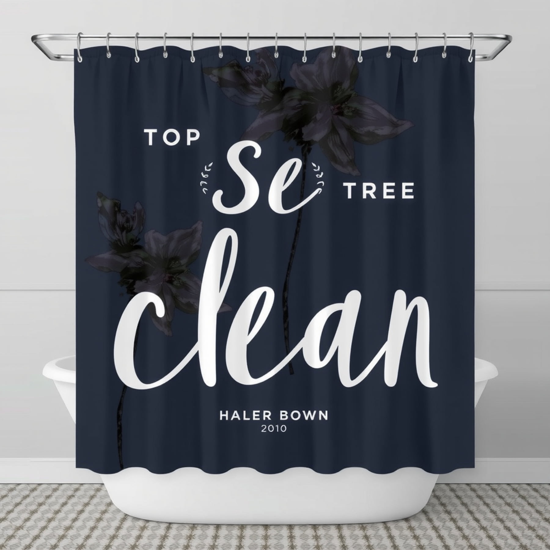 Blue Shower Curtain with 'Clean' in Cursive & Floral Accents - Walmart.com