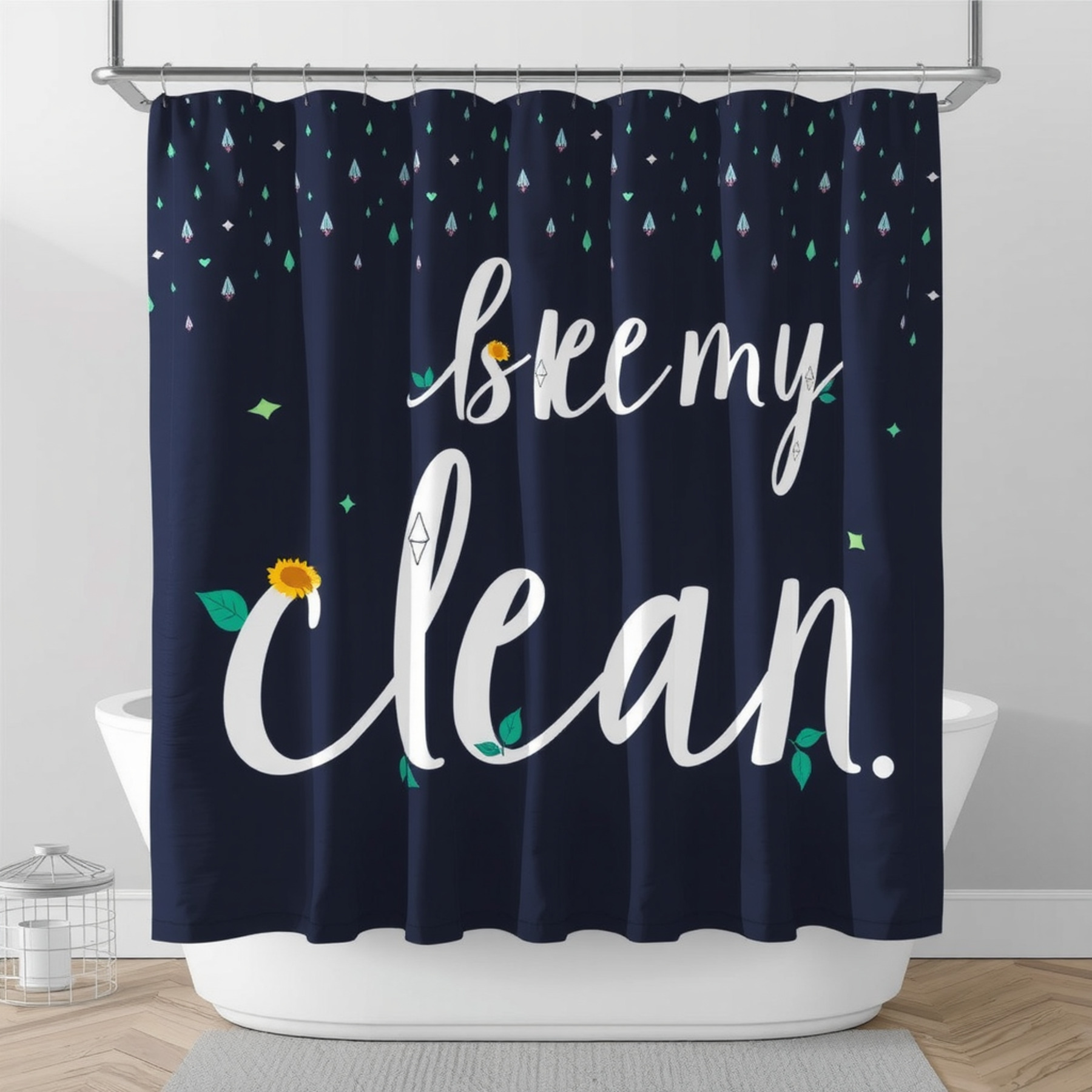 Blue Shower Curtain with "Keep My Clean" Script & Teal Accents ...