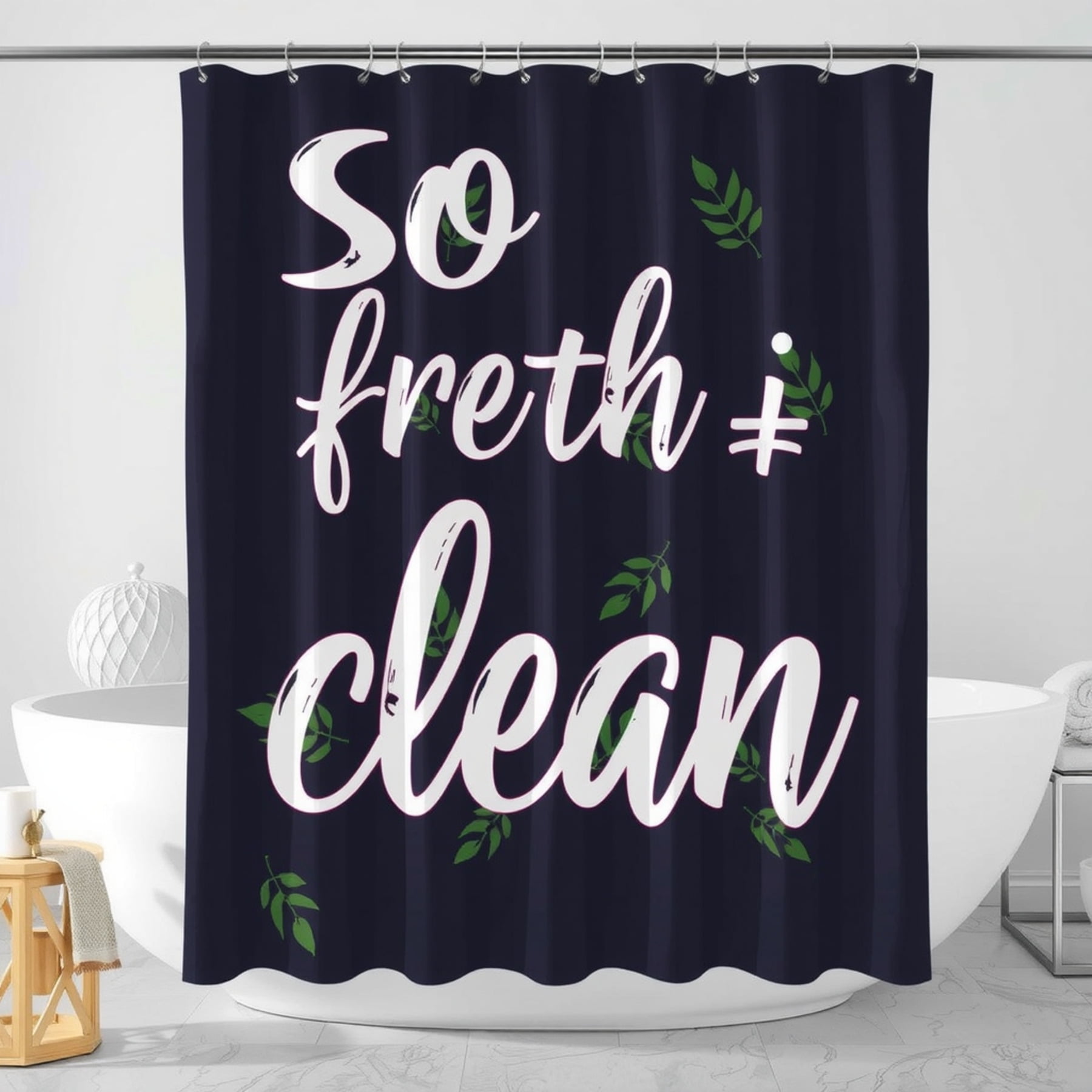 Blue Shower Curtain with "So Fresh + Clean" in Cursive & Green Leaves ...
