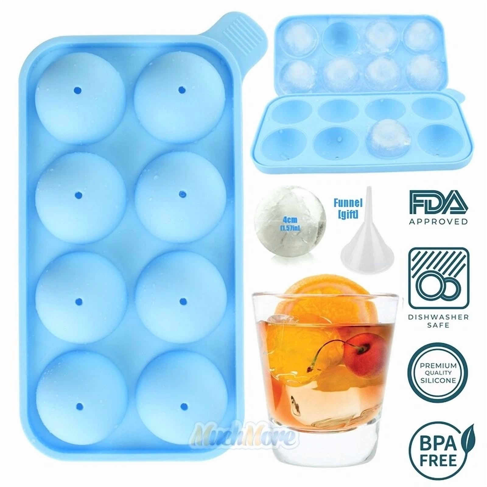 Blue Silicone 4Cm Round Ice Cube Ball Maker Tray 8 Sphere Molds For ...