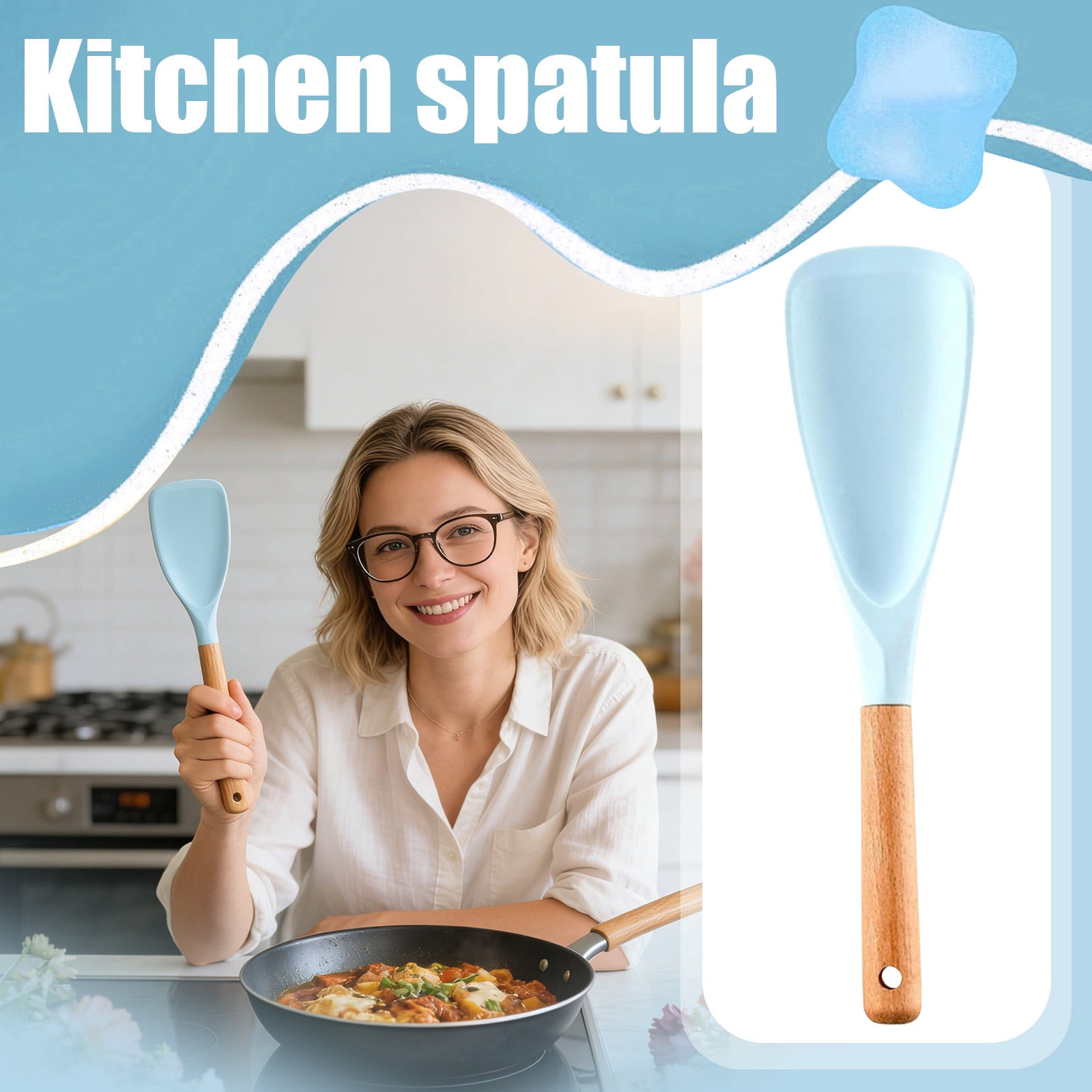 Blue Silicone Square Spatula With Wooden Handle, Heat Resistant For Non ...