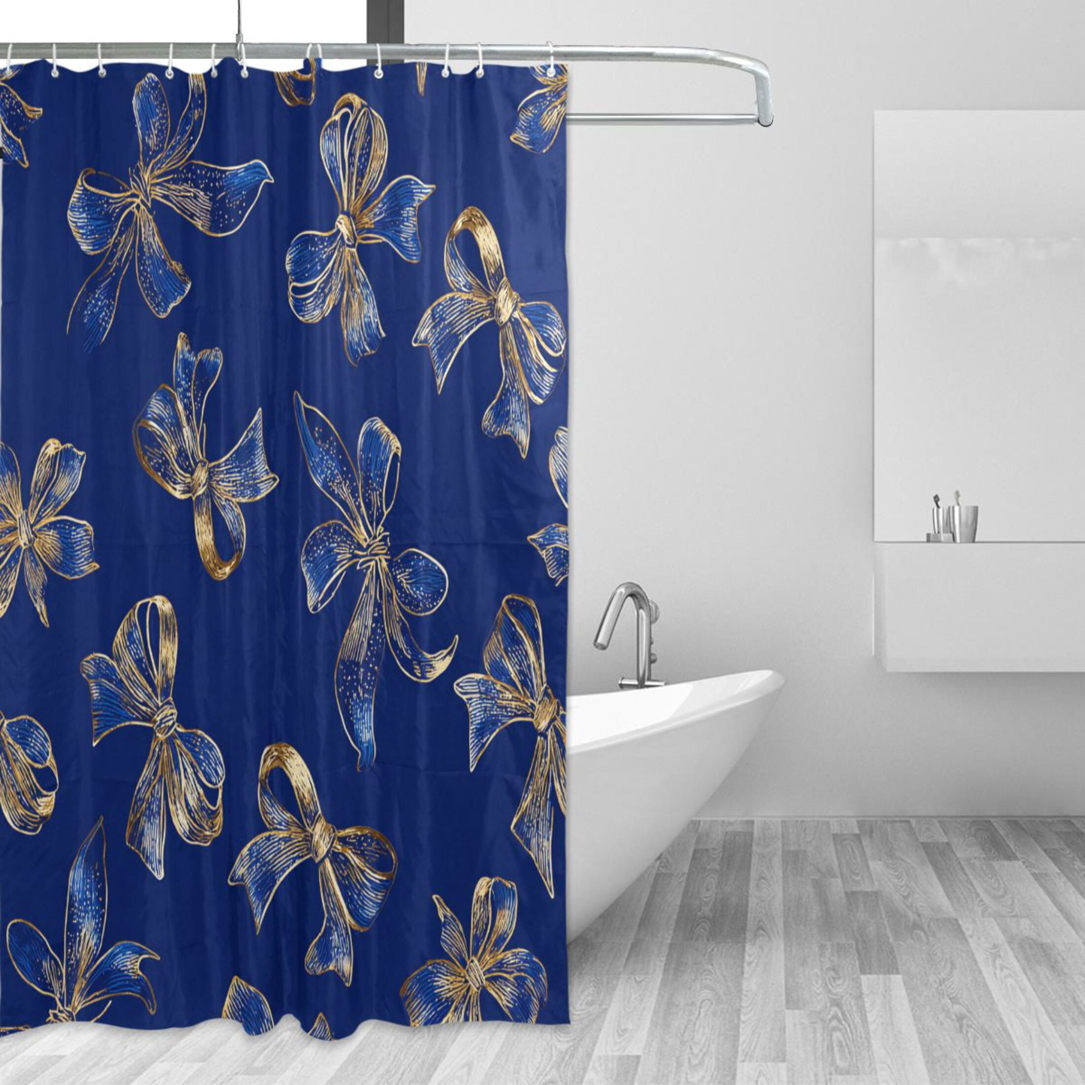 Blue Silk Bows with Gold Edging Shower Curtains with 12 Hooks ...