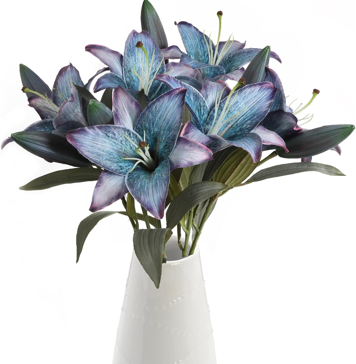 Blue Silk Flowers Fake Lillies 6PCS Vintage Lily Flowers Artificial ...