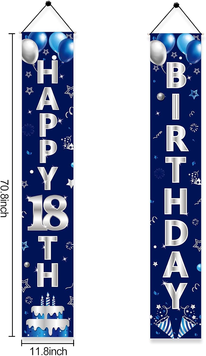 Blue Silver 18Th Birthday Door Banner Decorations, Happy 18 Birthday ...