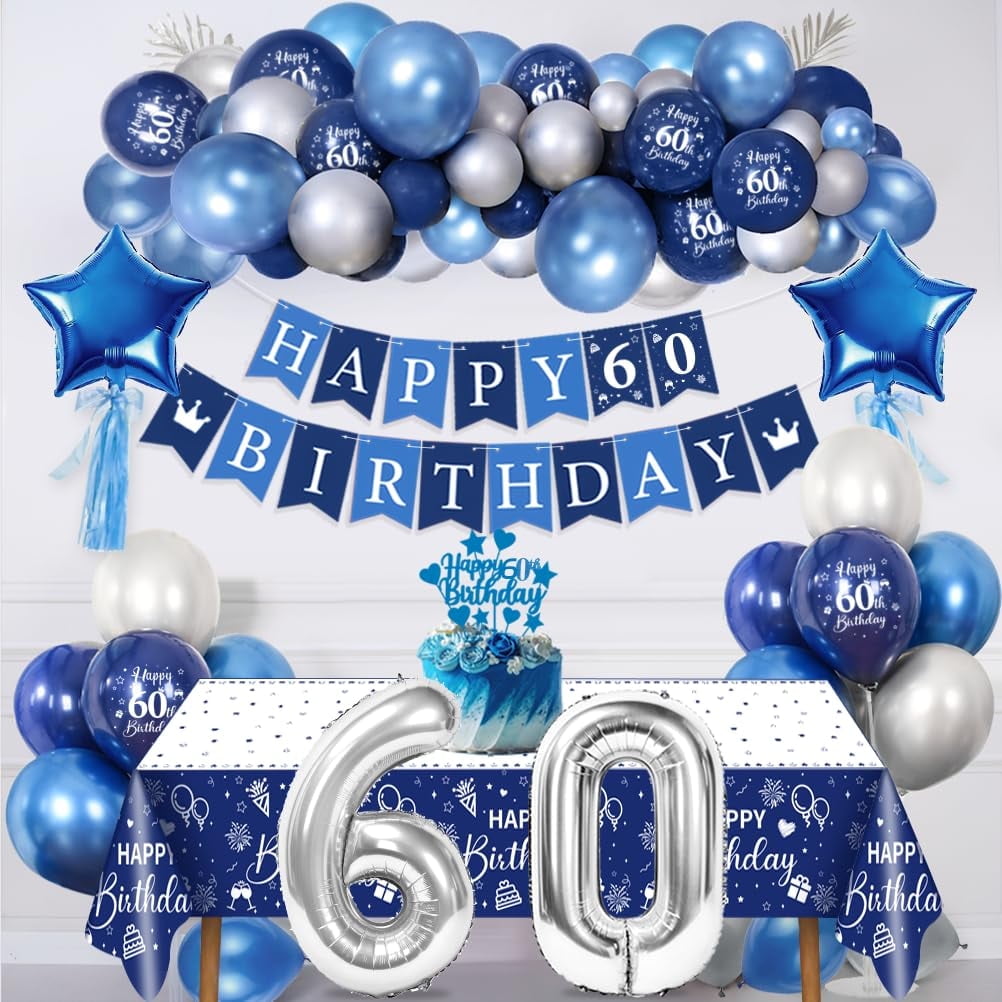 Blue and Silver 60th Birthday Decoration for Men, Navy Blue Silver 60th ...
